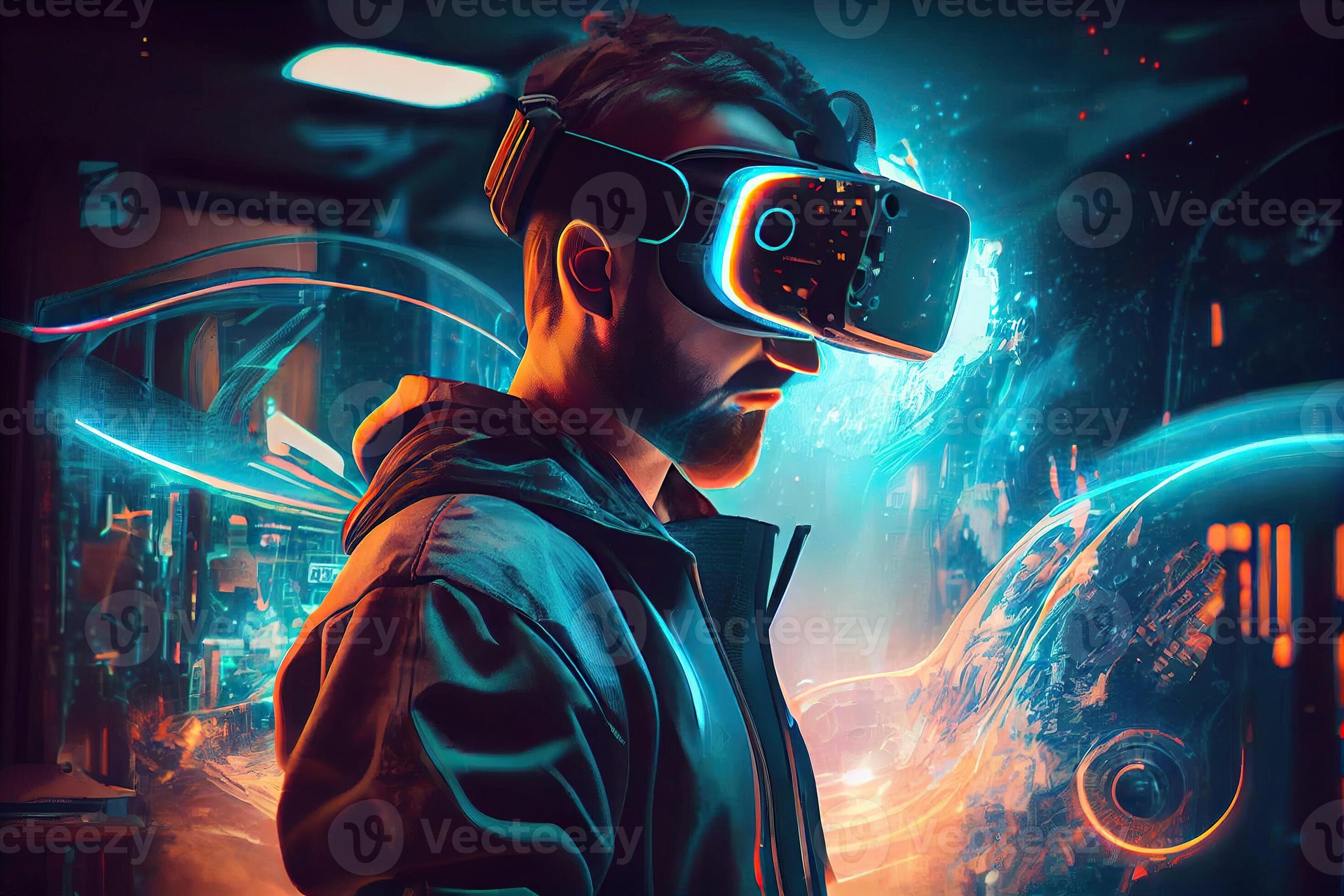 illustration of man with virtual reality VR goggle playing AR augmented reality game and ...