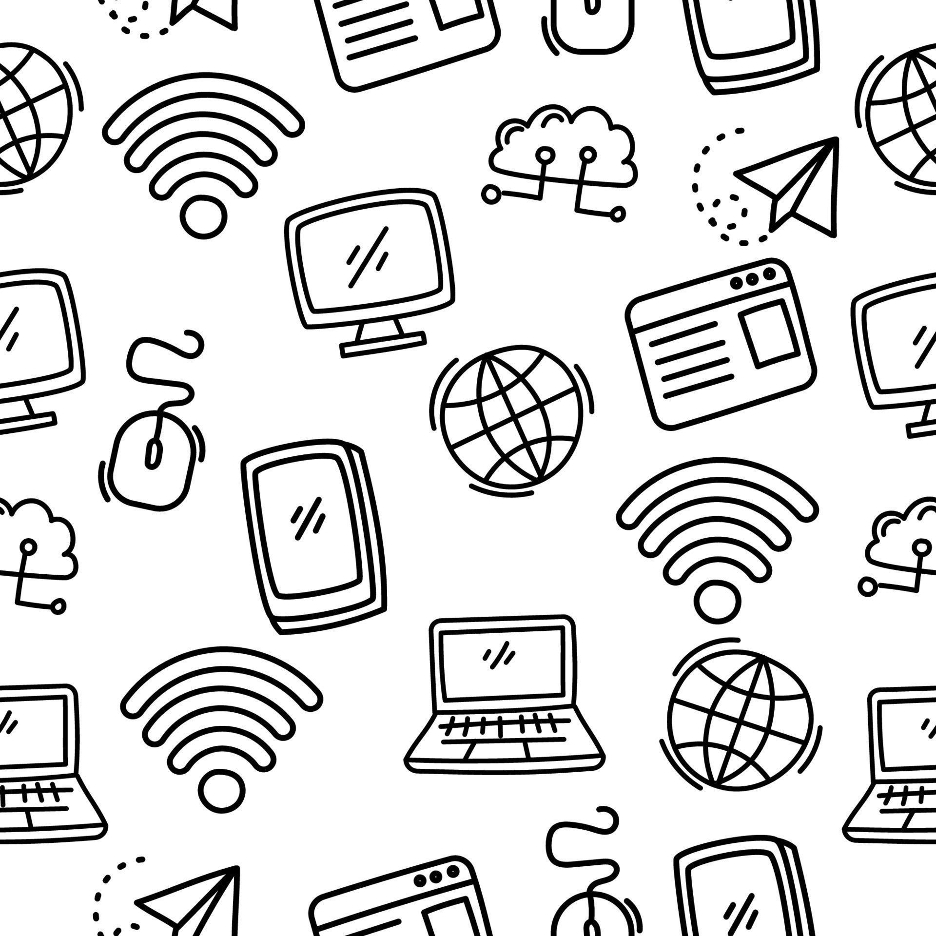 Internet-related doodle seamless pattern with a black and white design ...