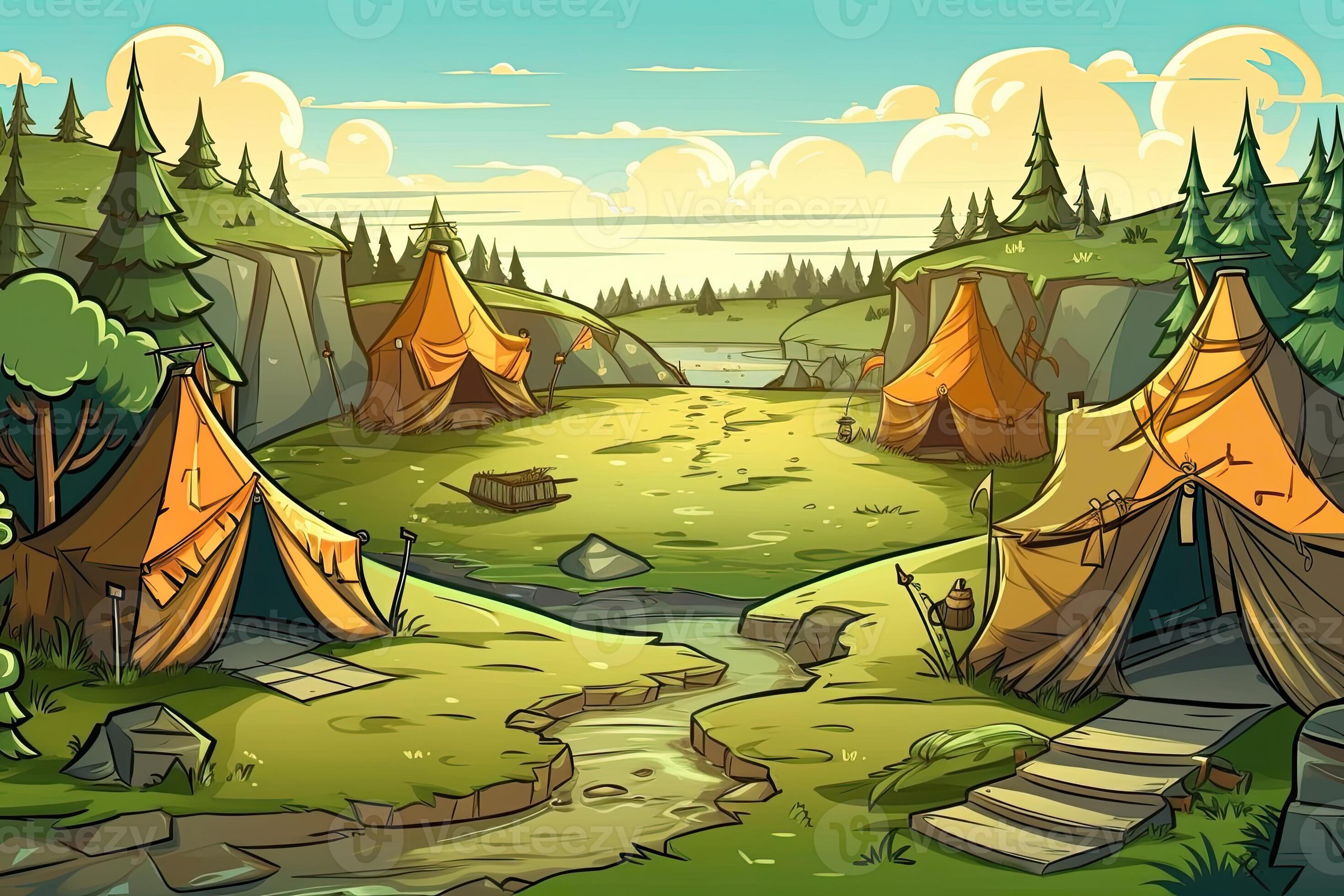 Summer forest or mountain tourist campground or campsite with tents and fireplace, flat cartoon ...
