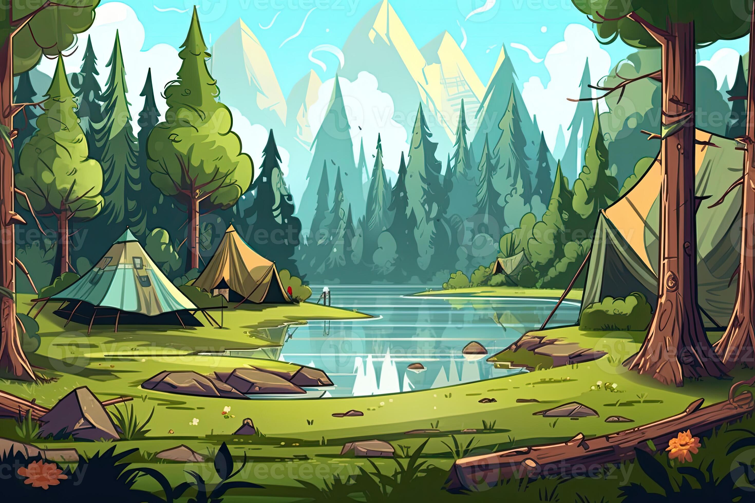 Summer forest or mountain tourist campground or campsite with tents and fireplace, flat cartoon ...