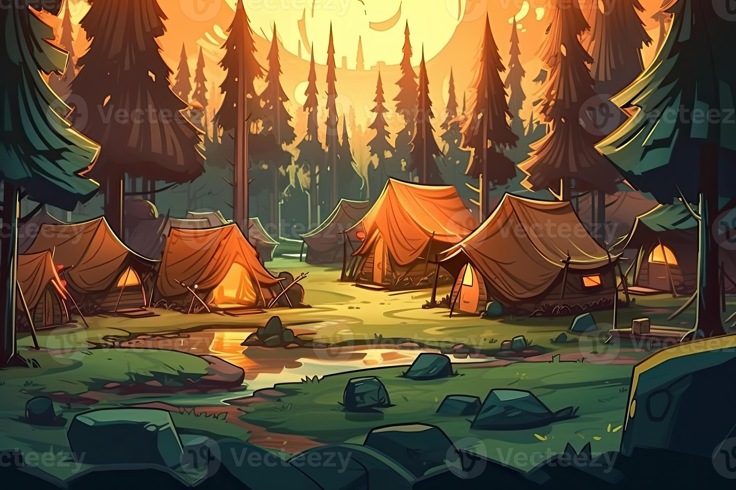 Summer forest or mountain tourist campground or campsite with tents and fireplace, flat cartoon ...