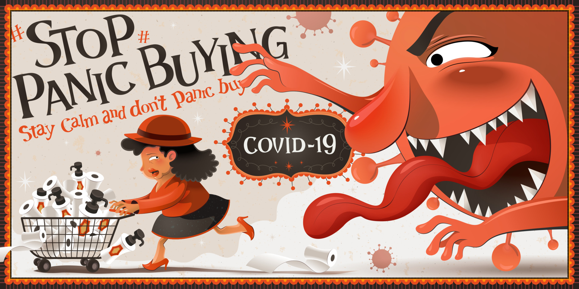 Stop panic buying banner with a woman chased by coronavirus monster due to her hoarding behavior ...