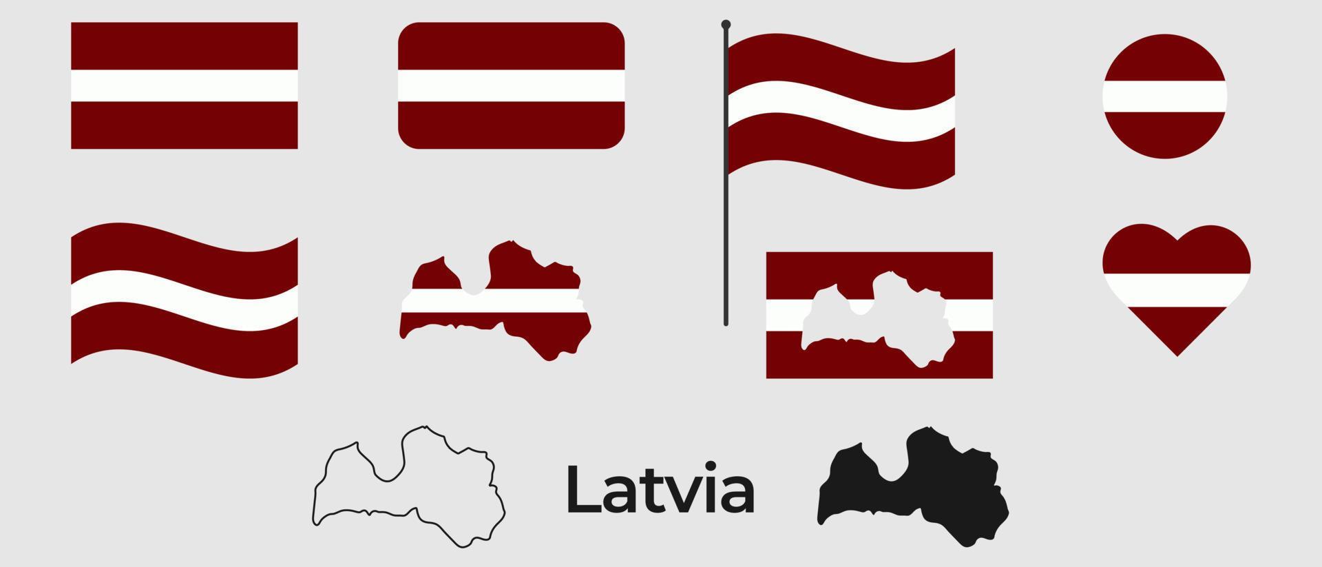 Flag of Latvia. Silhouette of Latvia. National symbol. Square, round and heart shape. The symbol ...