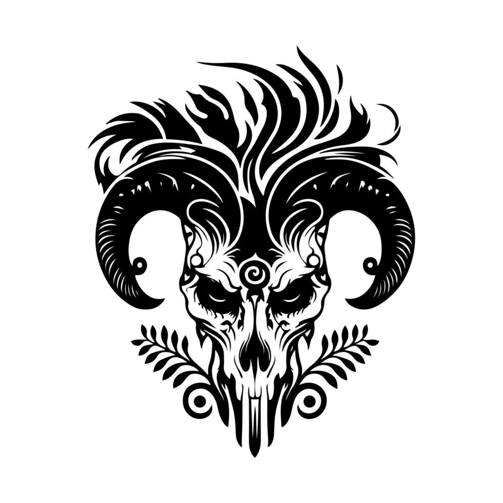 Intricate Demonic Skull With Ram Horns In Tribal Style Monochrome