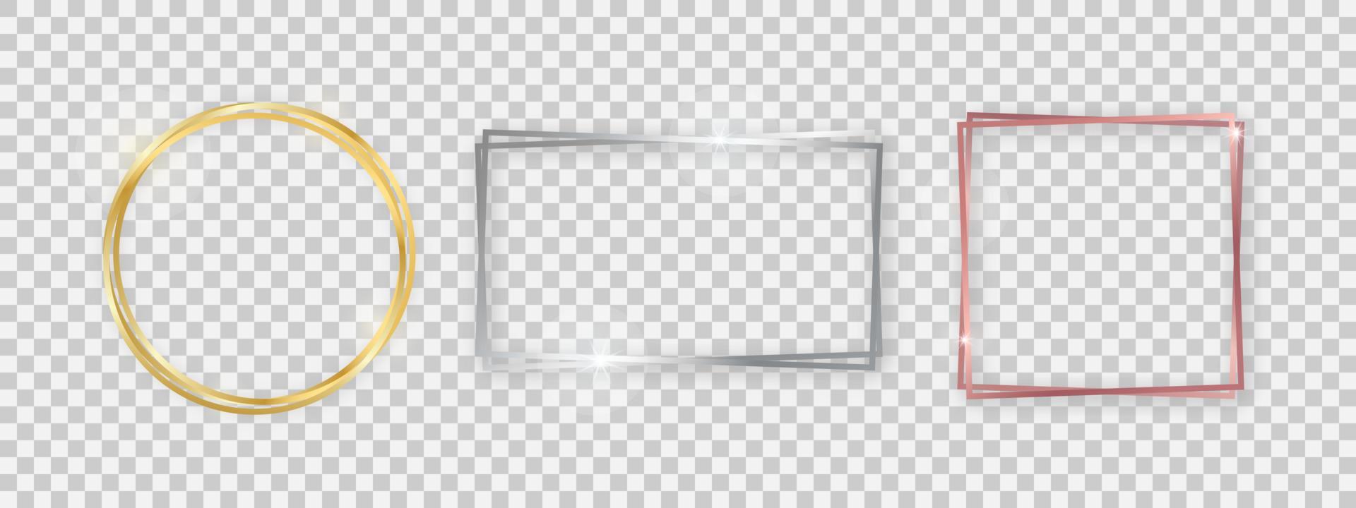 Double shiny frames with glowing effects. Set of three gold, silver and ...
