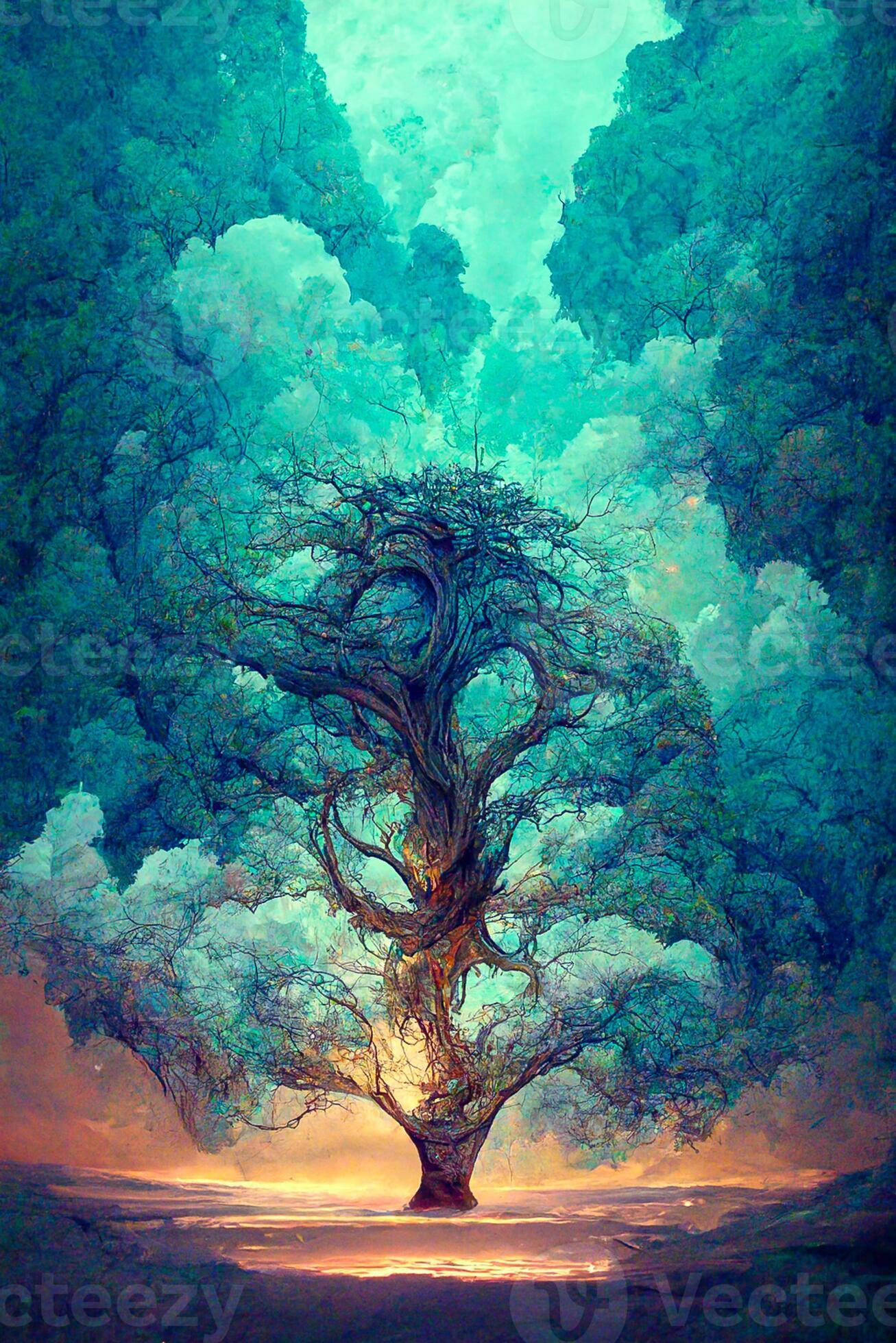 Generative AI illustration of old big green tree with roots, on dry land, tree of earth and life ...