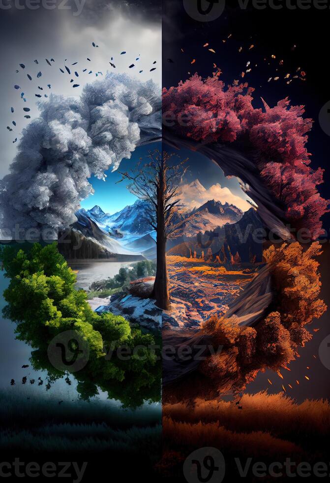 illustration of the four temporal seasons in one face, one frame, one ...