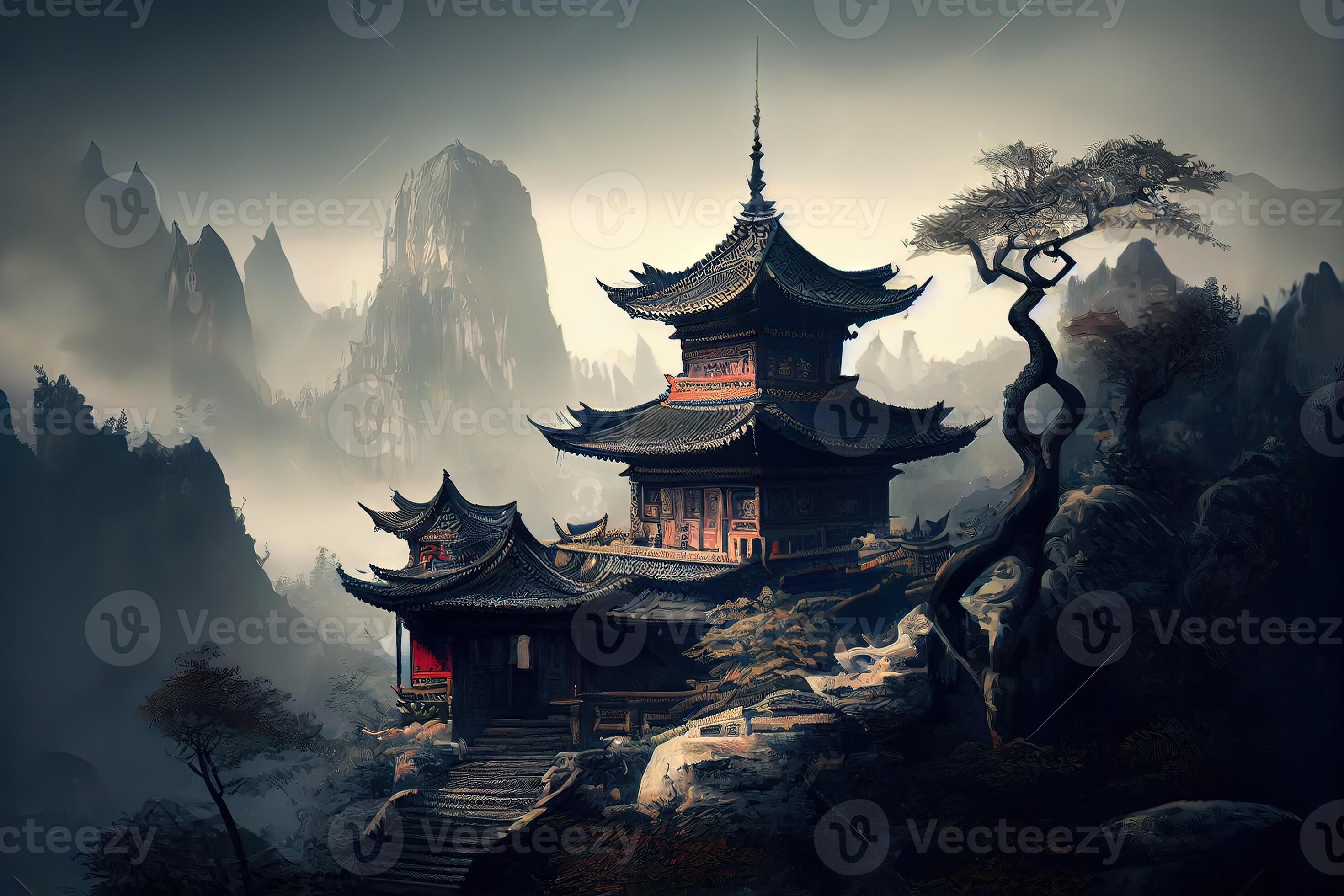 illustration of Fantasy background with mysterious ancient Chinese temple in mountains. Digital ...