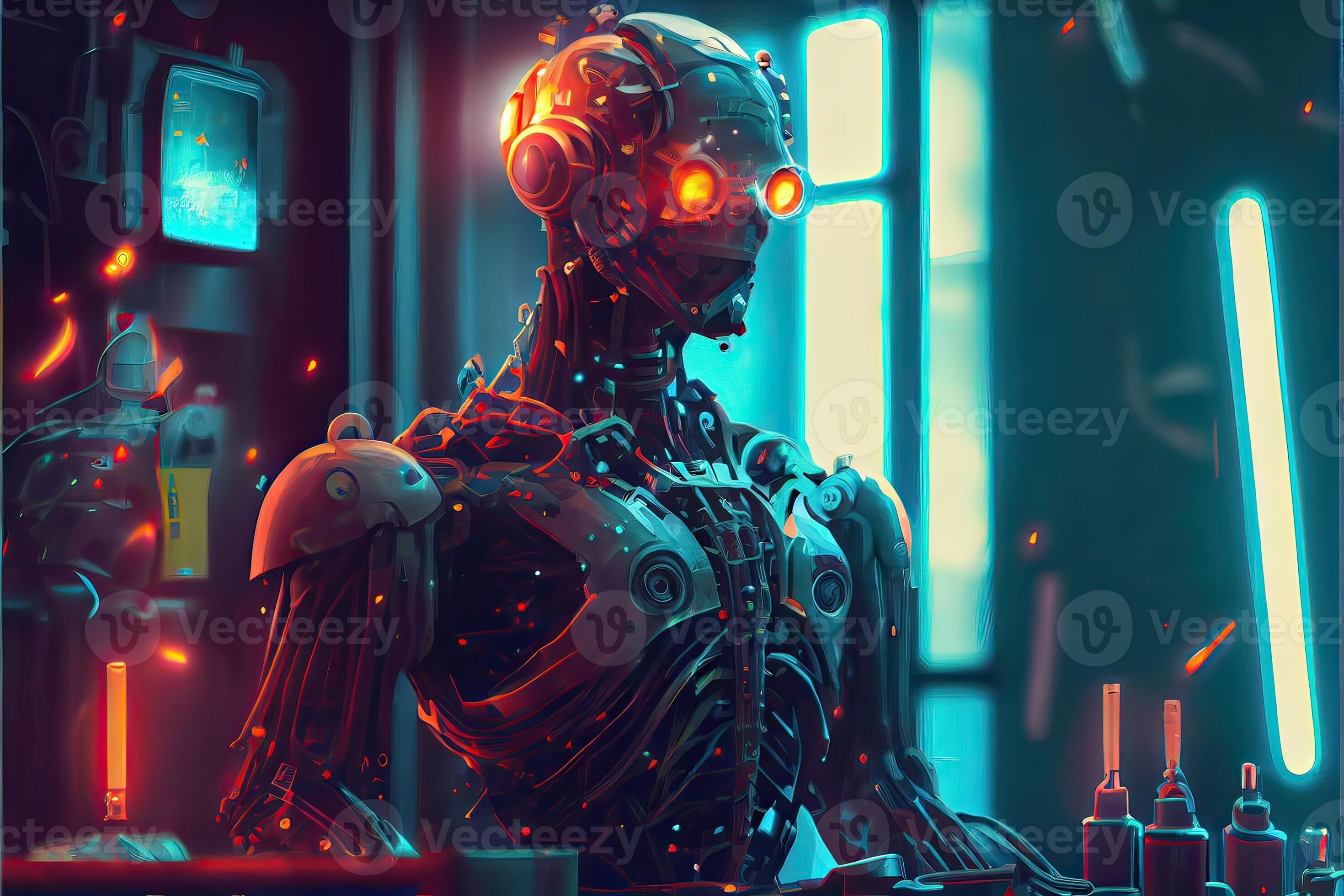illustration of humanoid robot working in research laboratory ...
