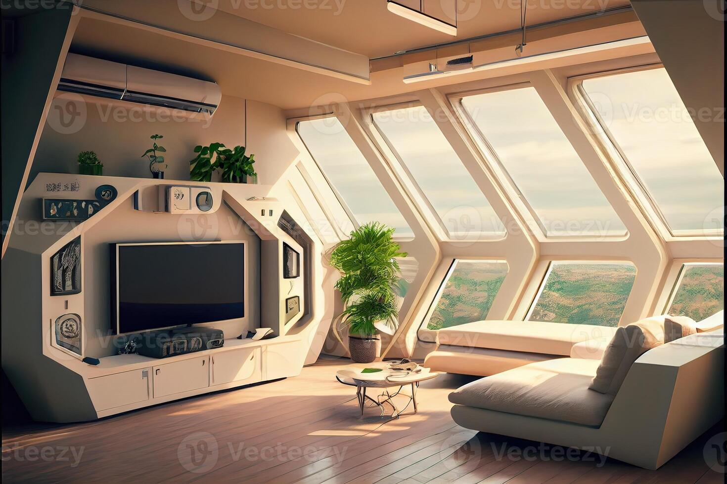 Illustration Of Comfy Living Room From The Year 2050 Scandinavian Japanese Sci Fi Design