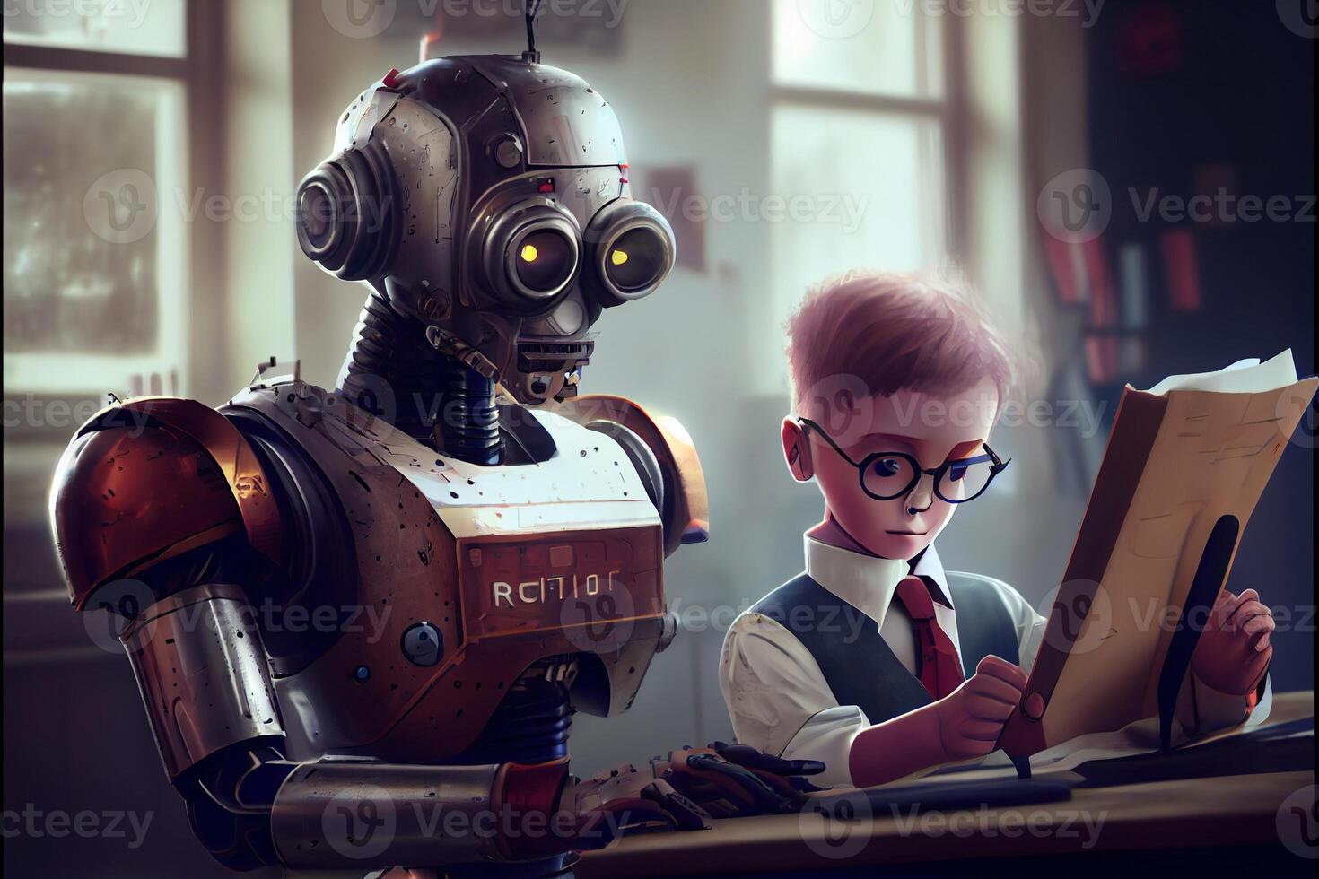 illustration of schools of future. Smart self automated robot in school ...