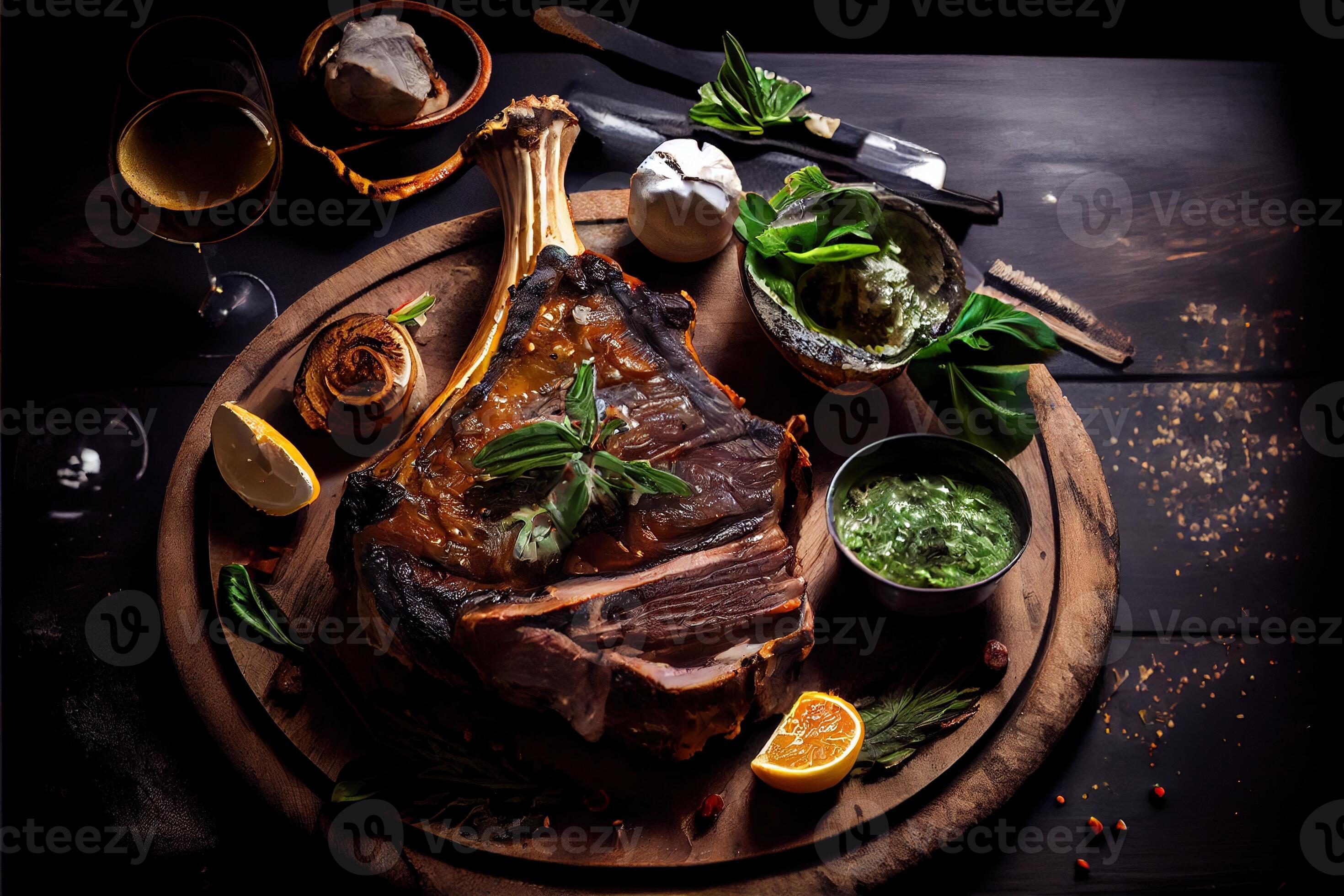 illustration of freshly grilled tomahawk steaks on wooden cutting board ...