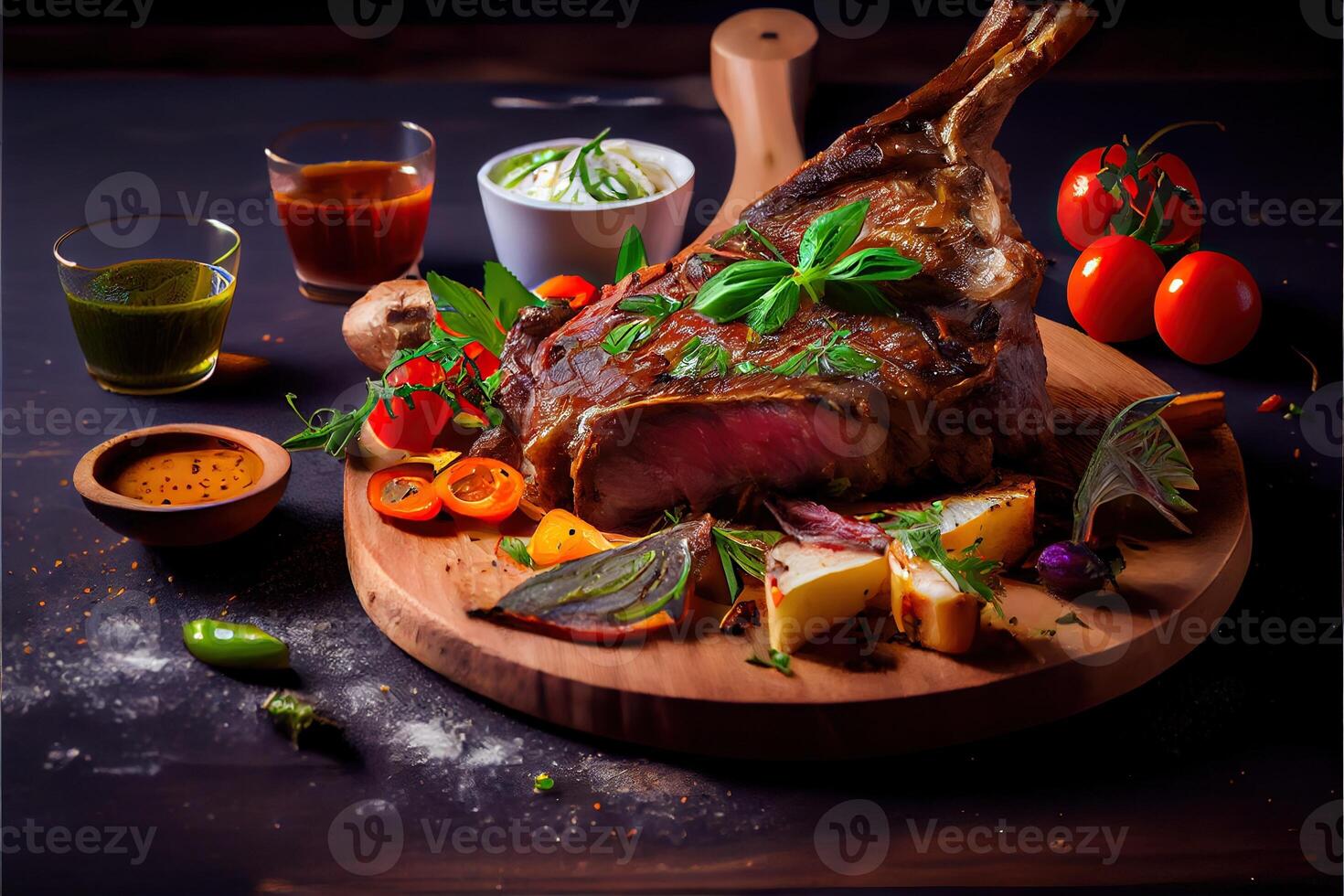 Generative AI illustration of freshly grilled tomahawk steaks on wooden ... Generative AI illustration of freshly grilled tomahawk steaks on wooden ...