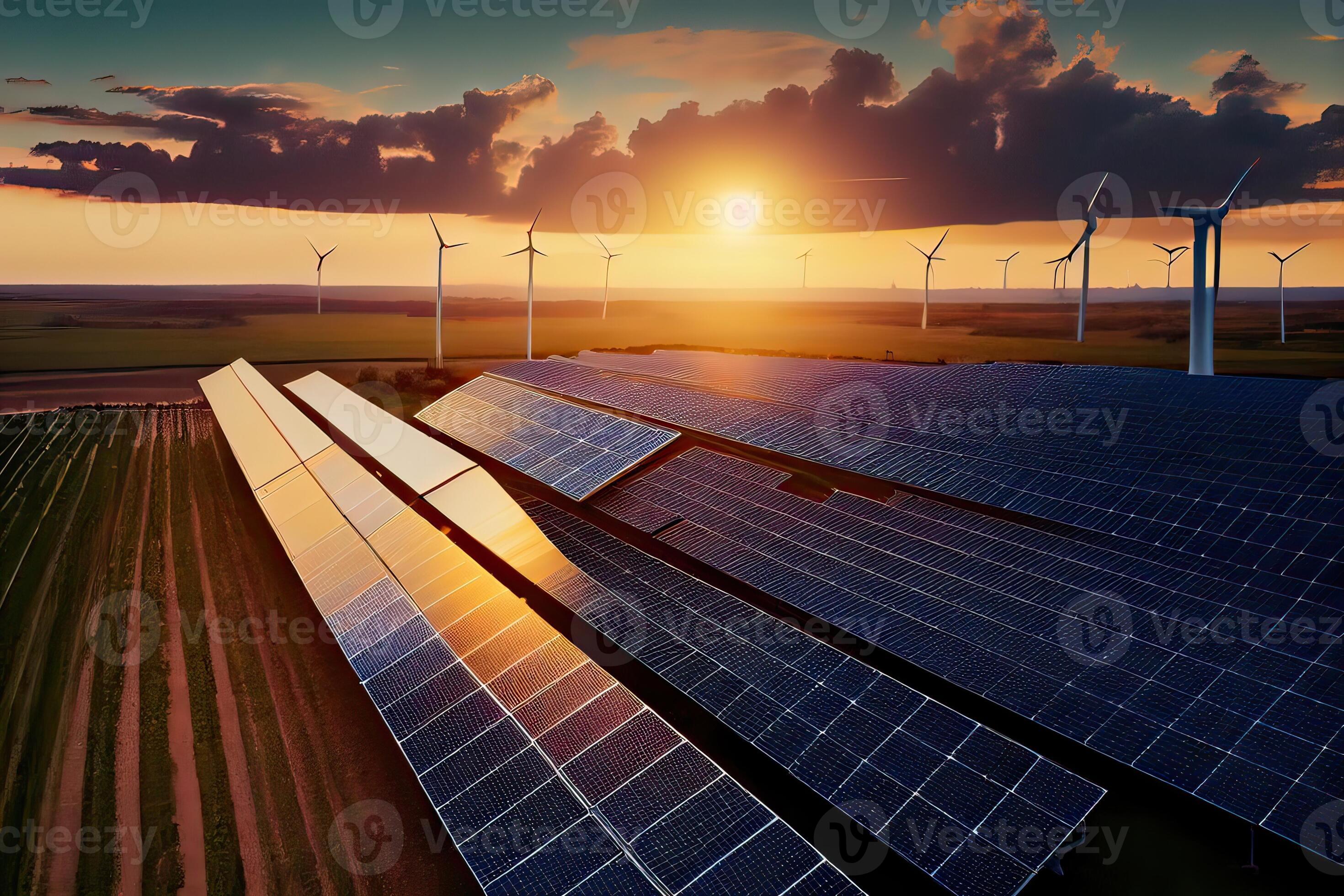 illustration of an aerial view of solar photovoltaic panels and wind ...