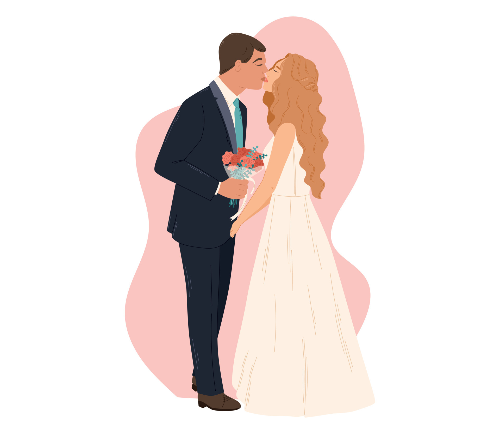 Young Kissing Couple In Love Groom In Suit And Bride In Dress Vector