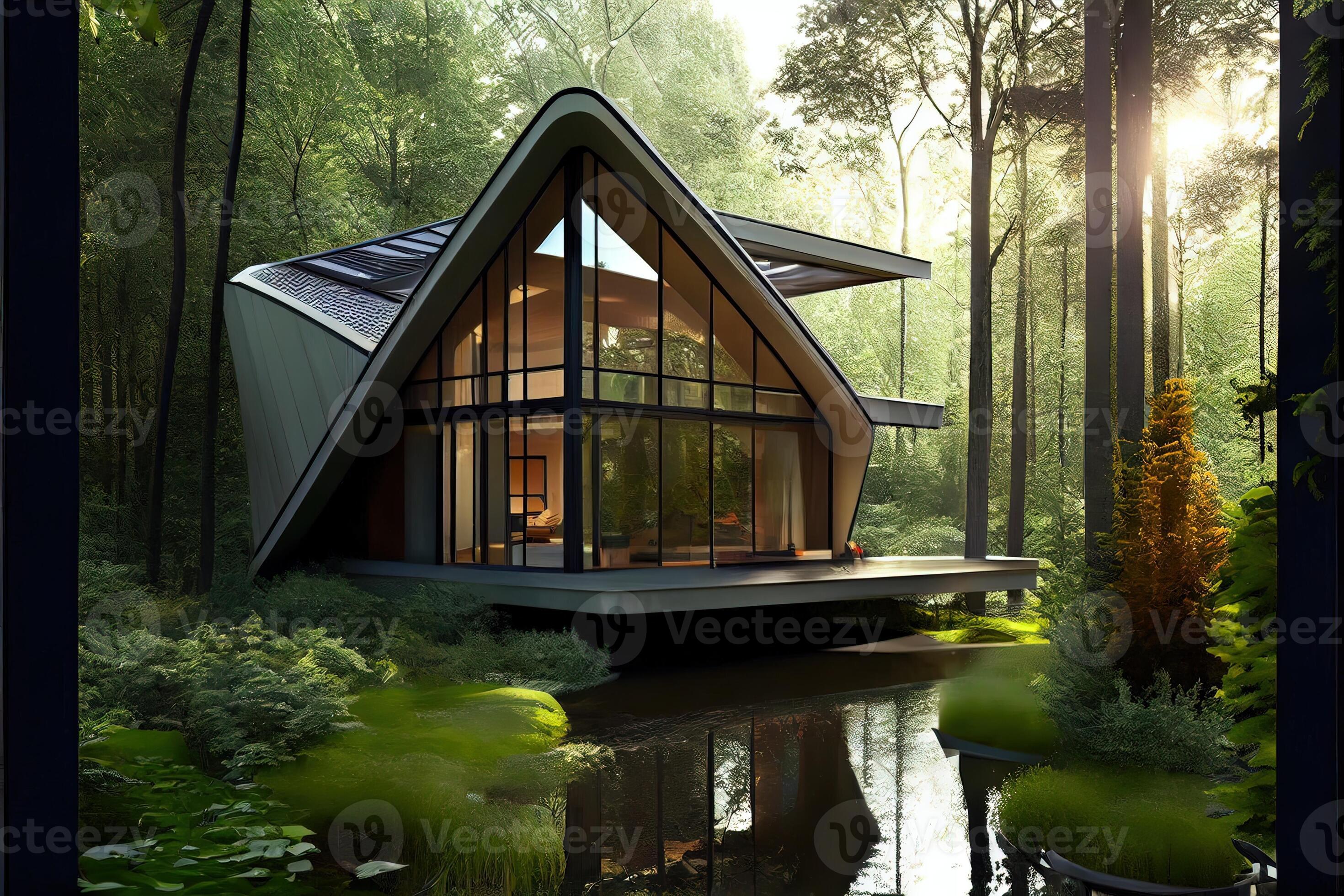 illustration of A prototype architectural design for a futuristic, eco-friendly home, with a ...