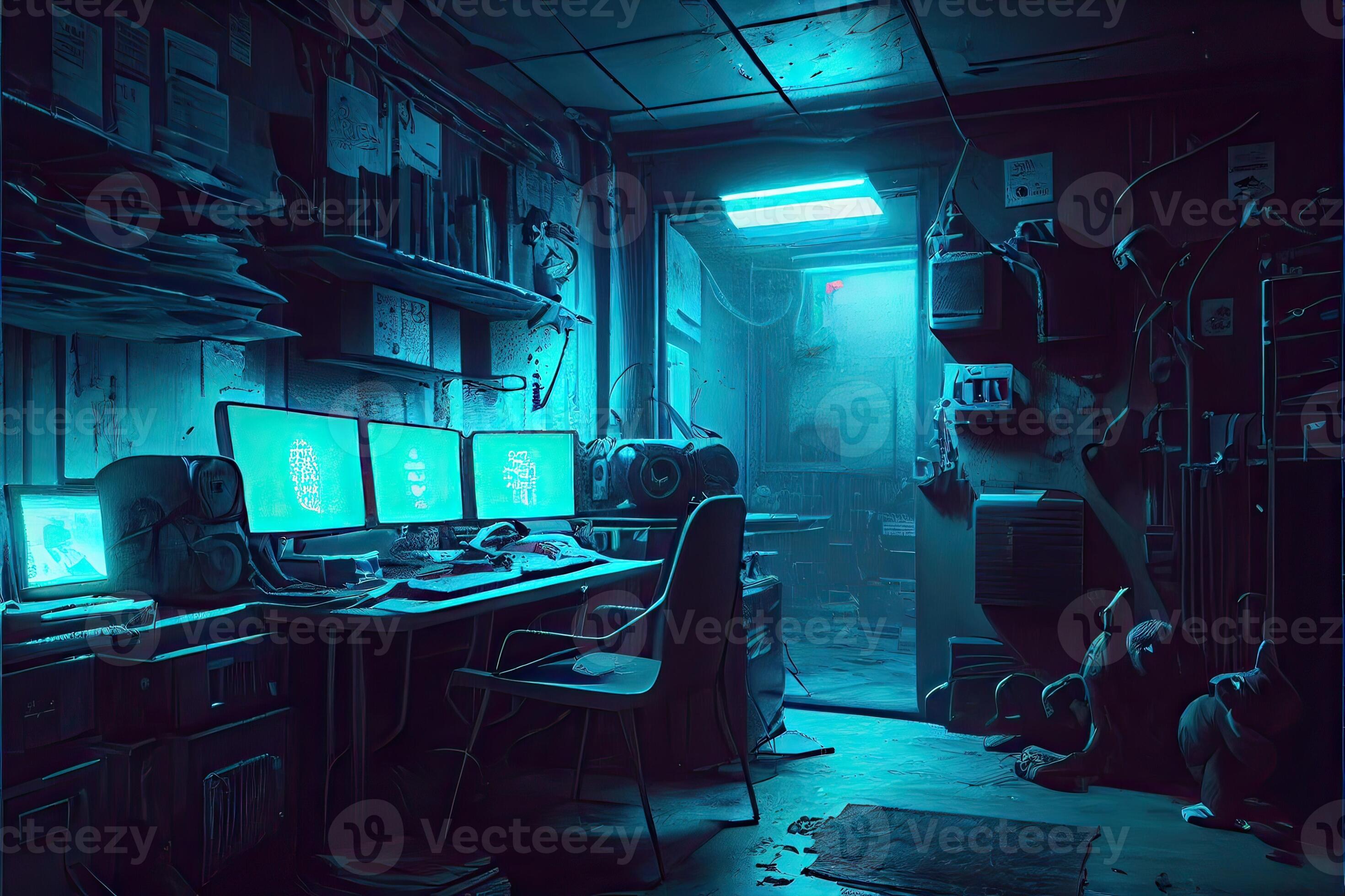 Generative AI illustration of messy and dark cyberpunk hacker hideout room with lights 22709141 ...