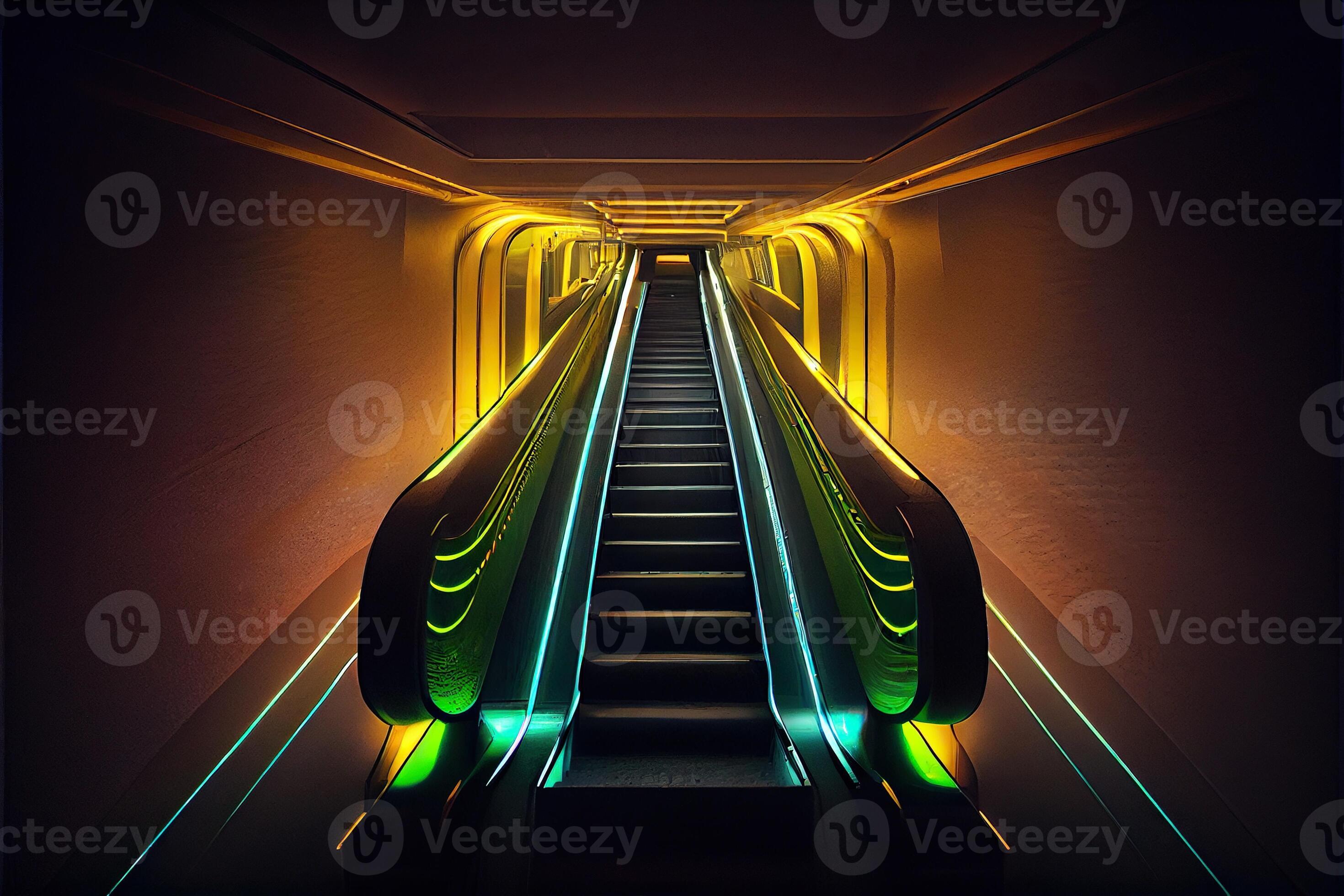 illustration of underground escalator with neon illumination, dynamic lights, upward movement ...