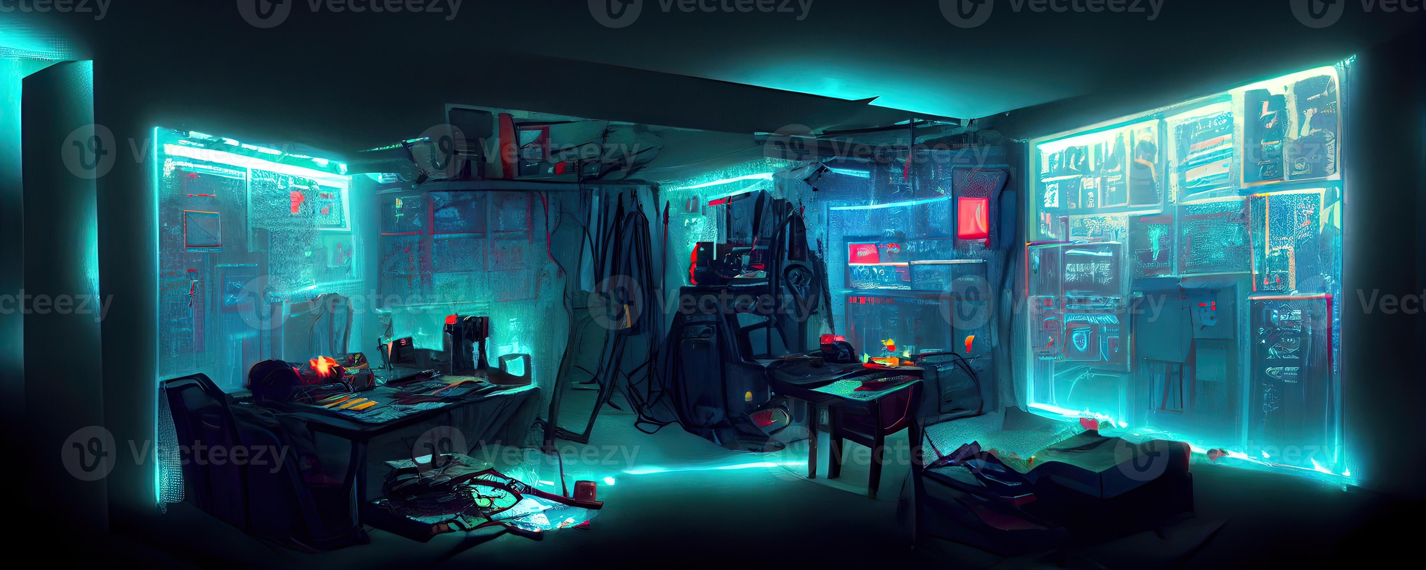 illustration of messy and dark cyberpunk hacker hideout room with ...