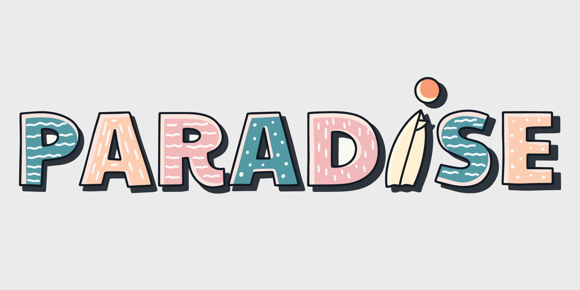 colorful paradise letter with surfboard as i letter vector design for t ...