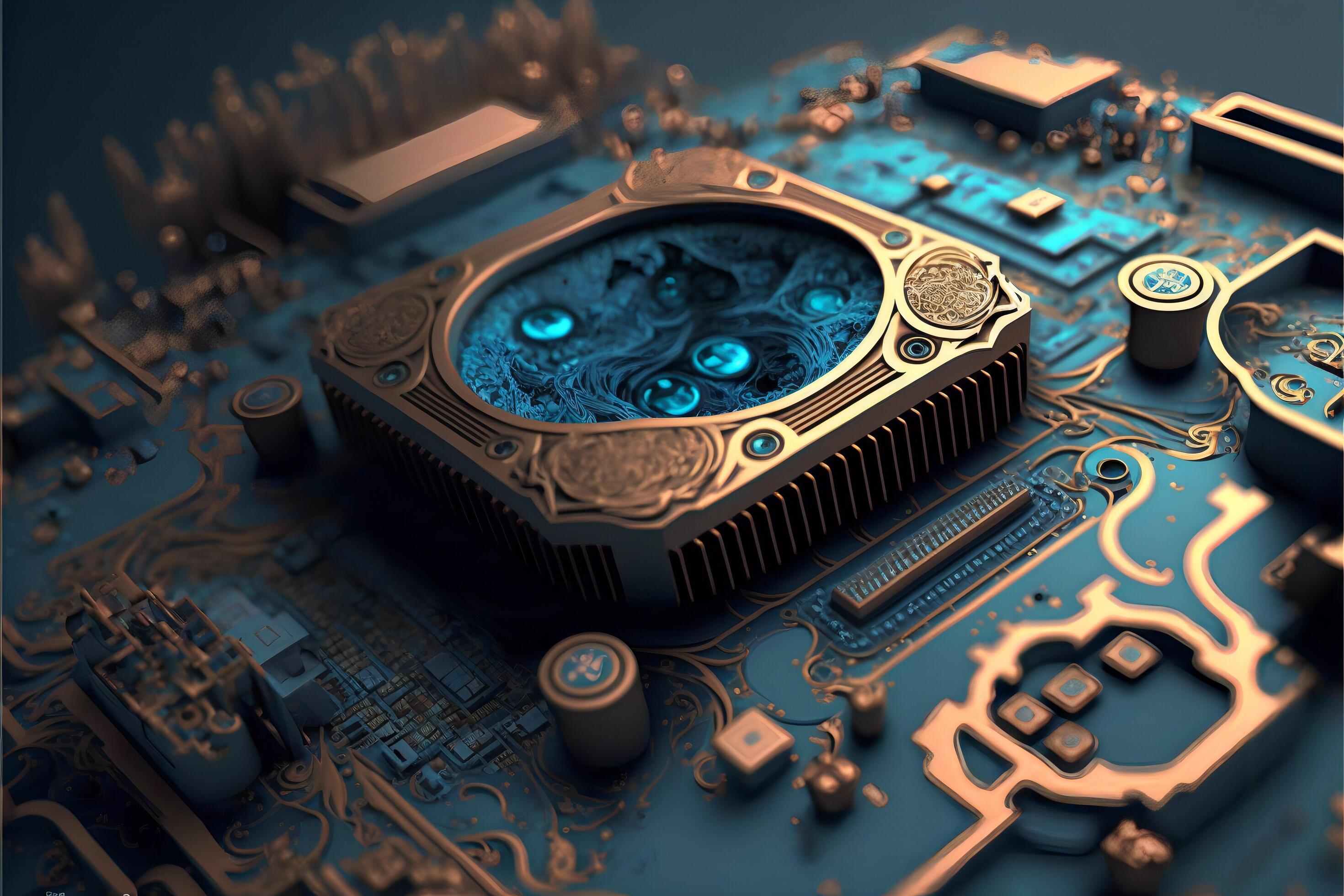 Processor with beautiful patterned gold metal. Quantum CPU concept ...