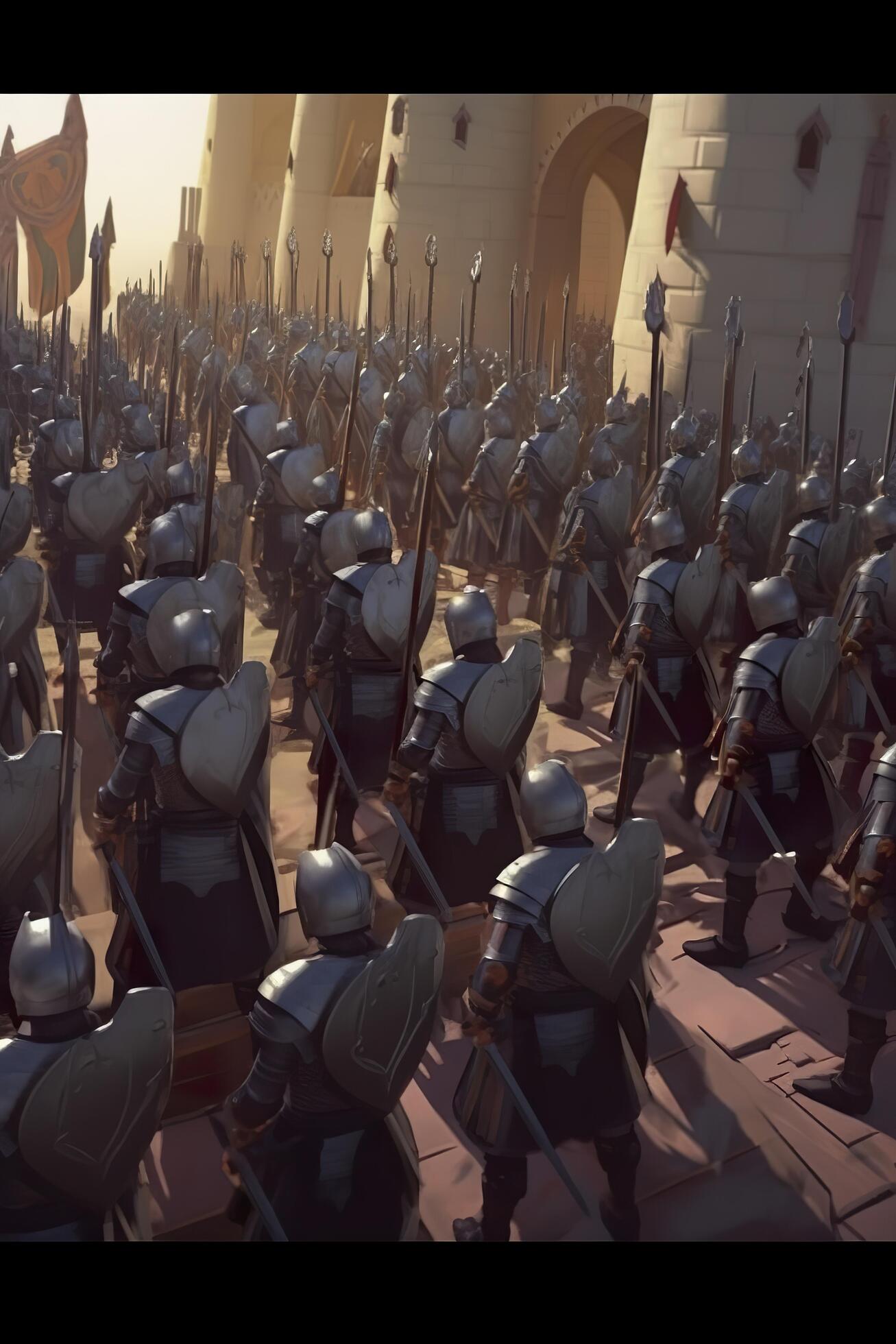 Generate a 2D image of a medieval army in formation with soldiers standing in neat rows and ...