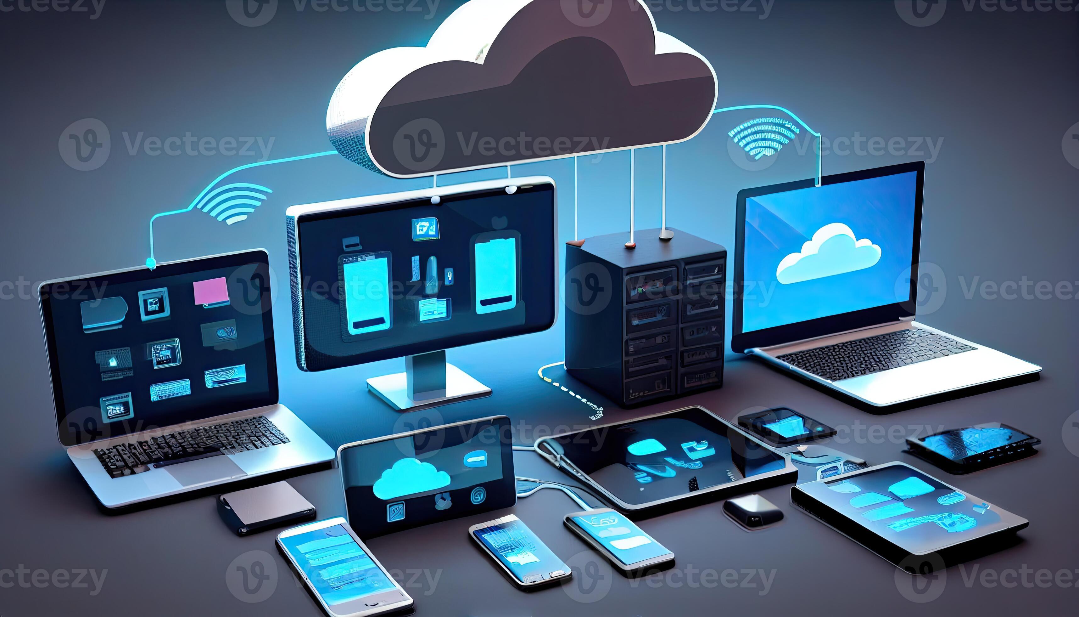 Cloud technology computing Devices connected to digital storage in the ... Cloud technology computing Devices connected to digital storage in the ...