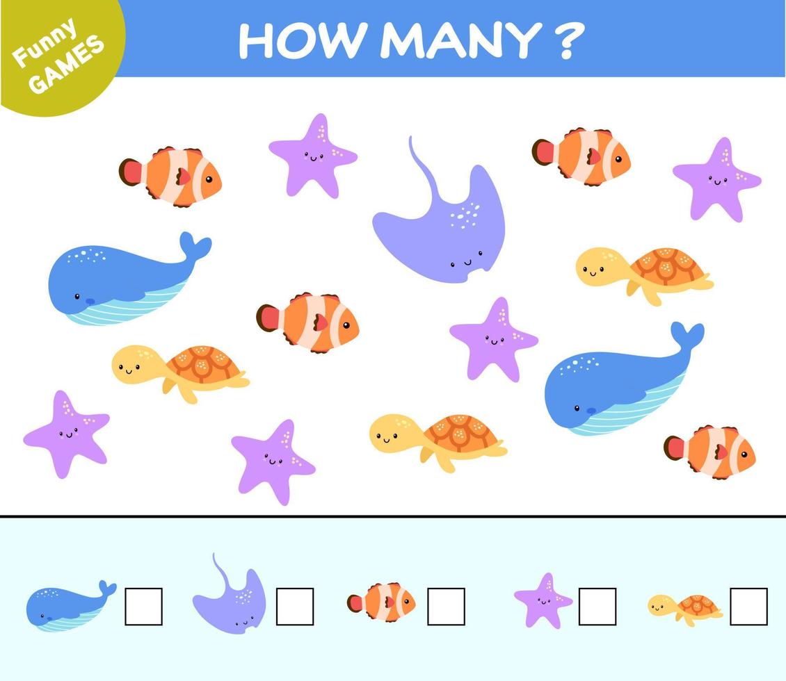 Funny game for kids. Find and count cute sea animals. Puzzle for ...
