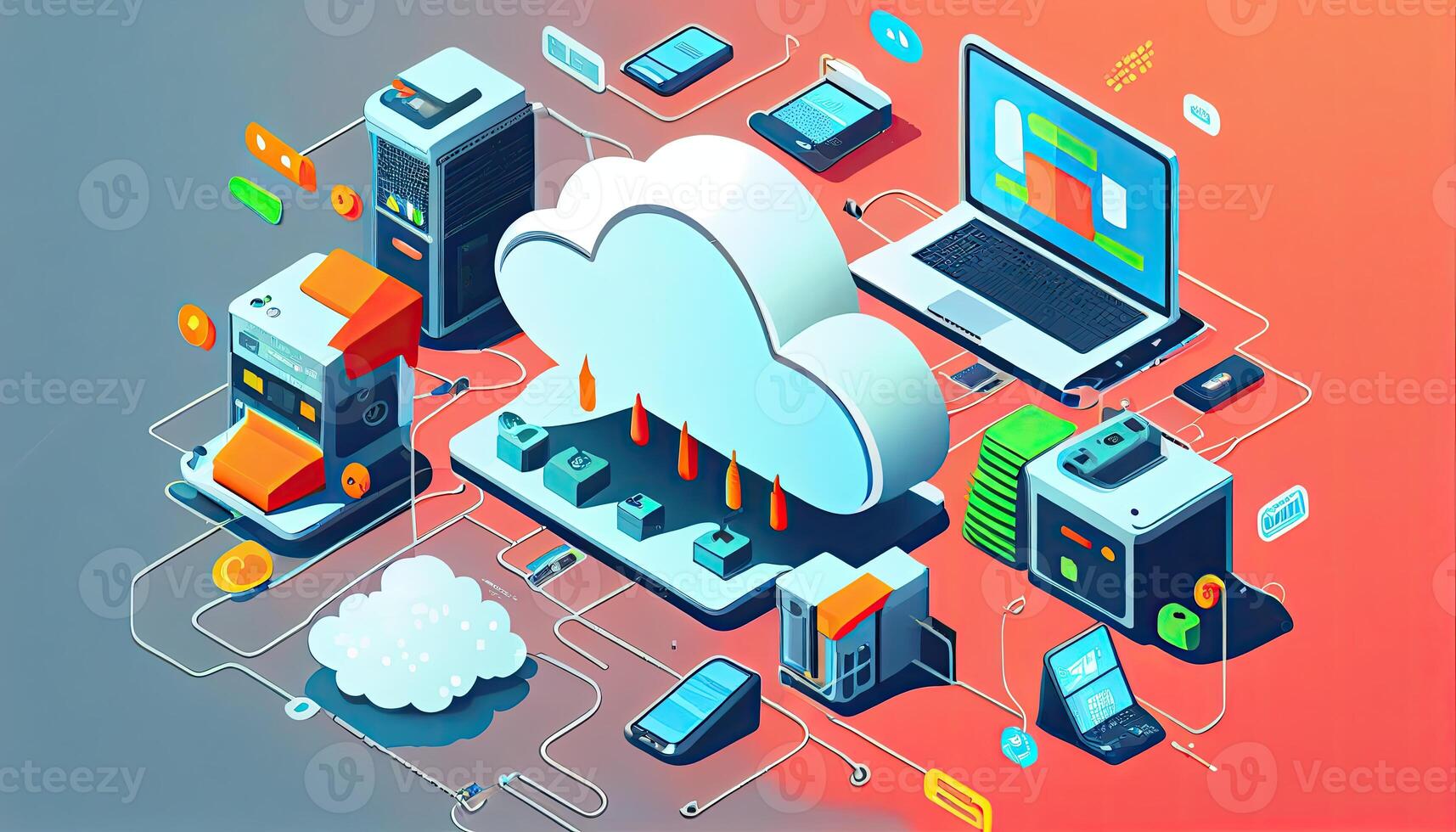 Cloud Technology Computing Devices Connected To Digital Storage In The