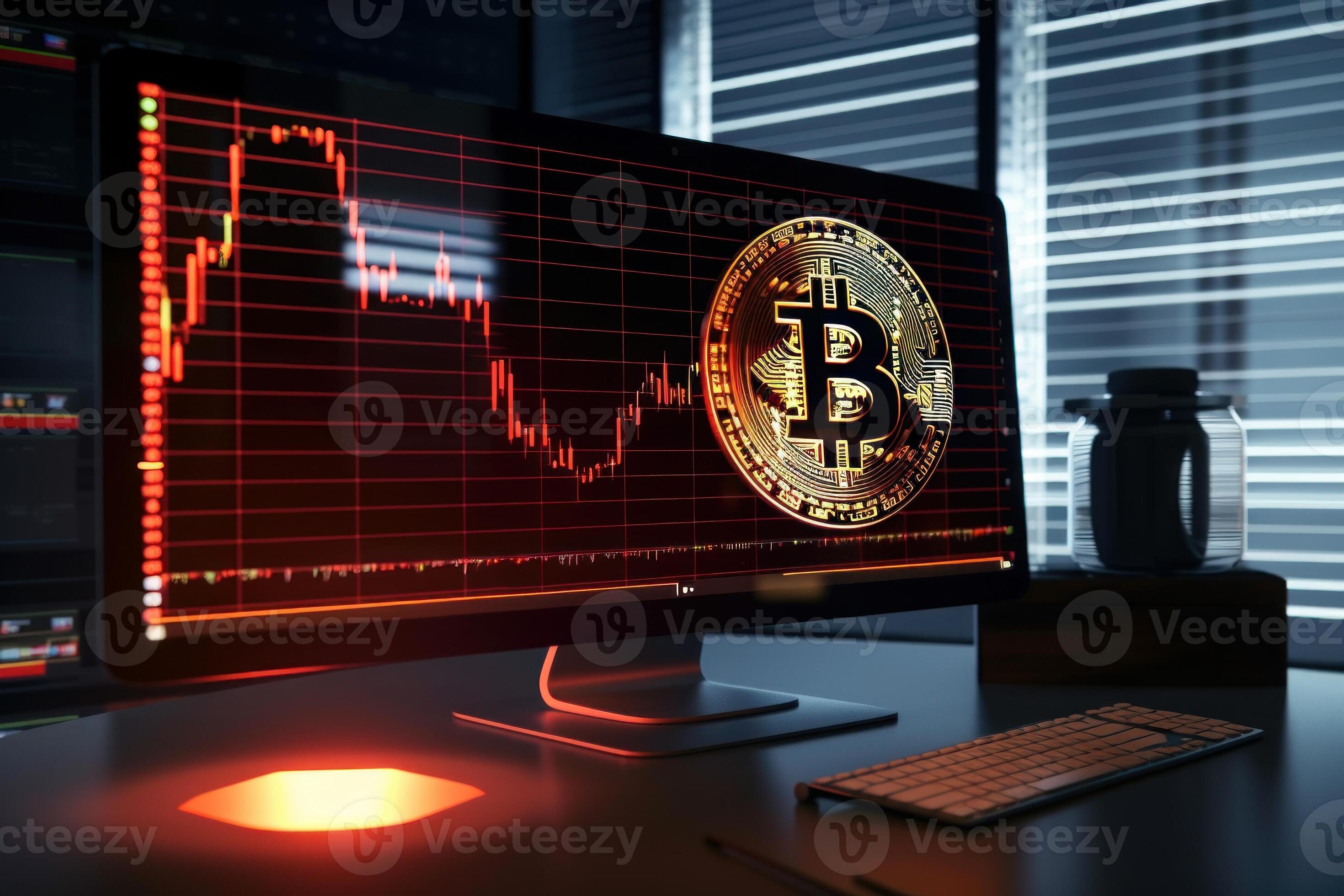 Bitcoin with red graph on computer screen background, Crypto currency ...