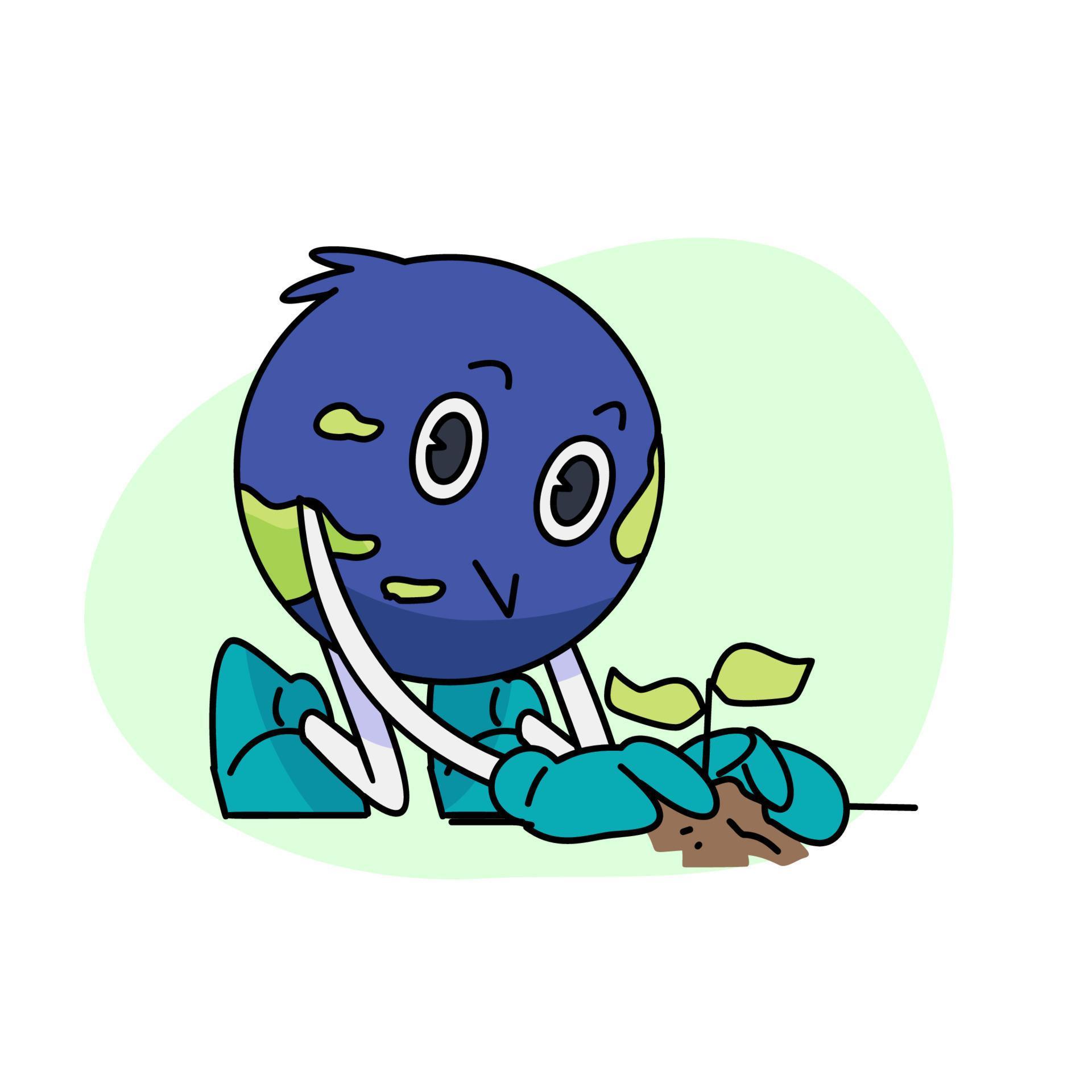 Vintage Happy Cute Earth Planet Character Mascot Is Planting A Plant