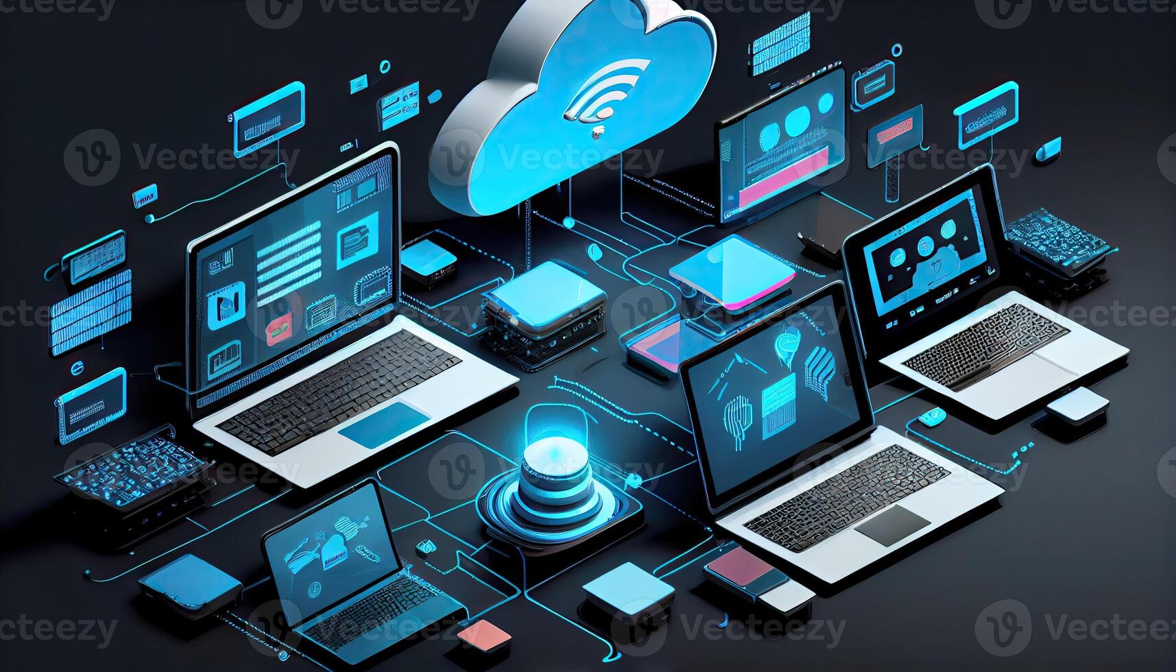 Cloud technology computing Devices connected to digital storage in the ...
