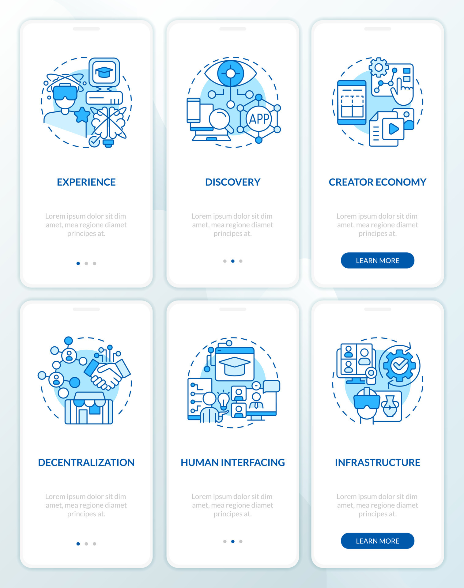 Layers Of Metaverse Technology Blue Onboarding Mobile App Screens Set Walkthrough 3 Steps