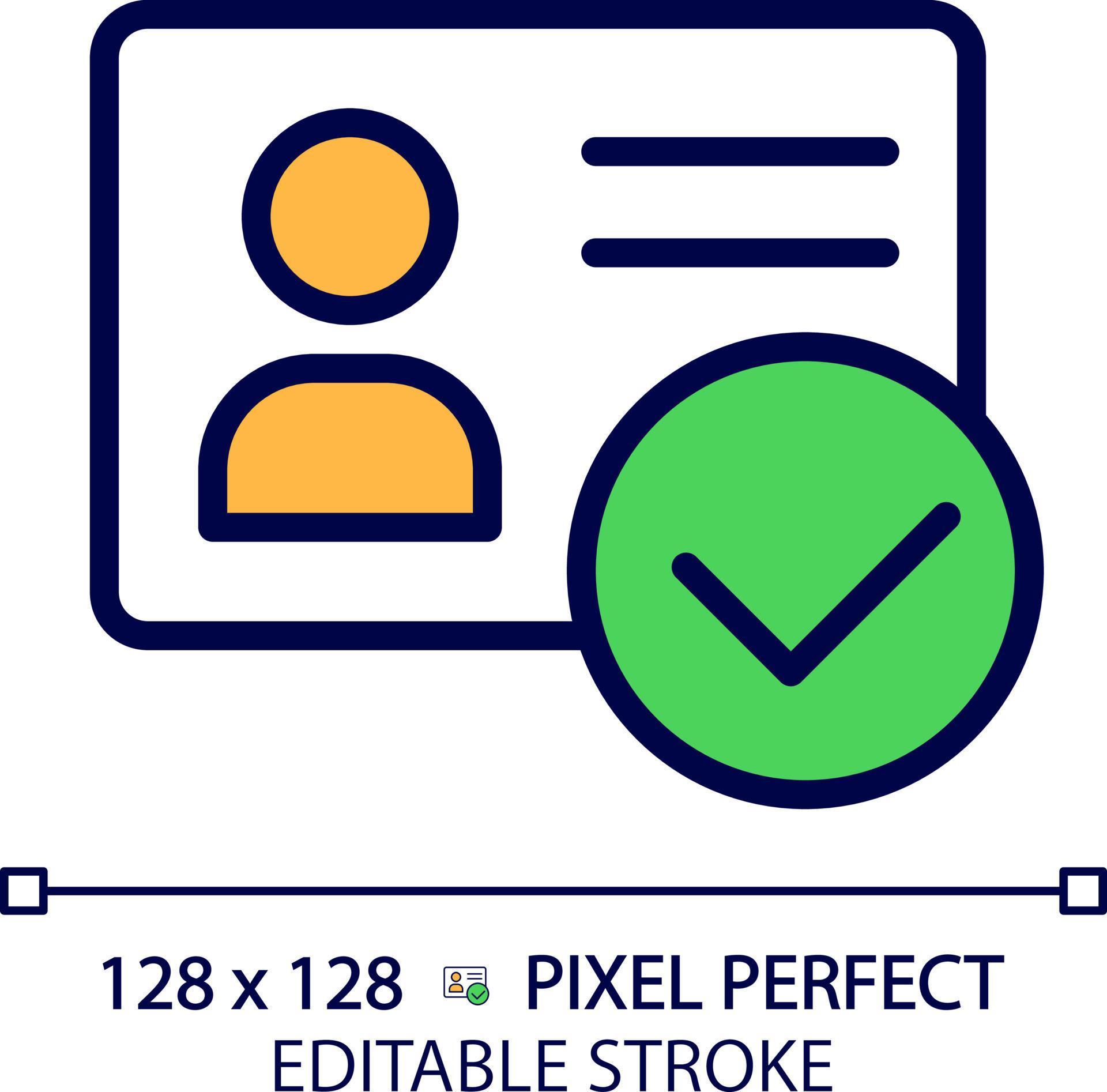 Identity verified pixel perfect RGB color icon. ID card with checkmark ... Identity verified pixel perfect RGB color icon. ID card with checkmark ...