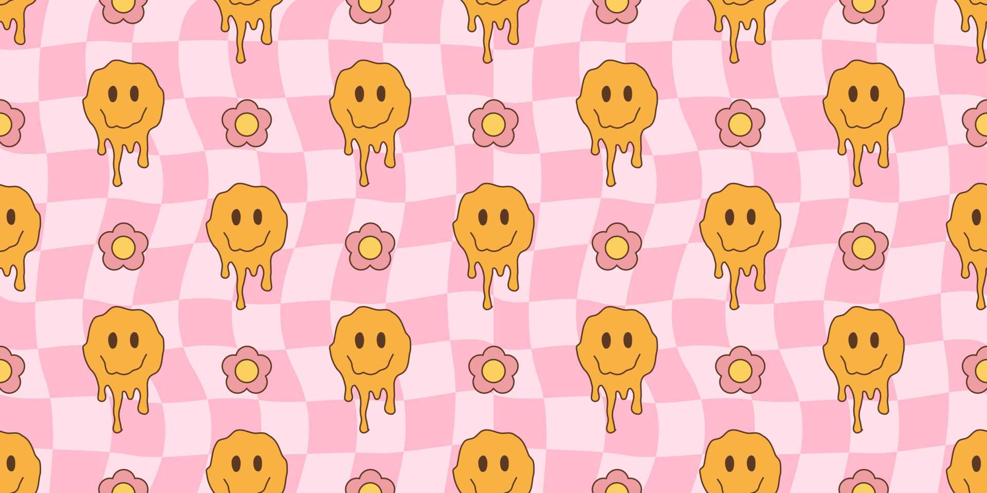 Melted smiley faces and flowers, groovy seamless pattern. Retro hippie ... Melted smiley faces and flowers, groovy seamless pattern. Retro hippie ...
