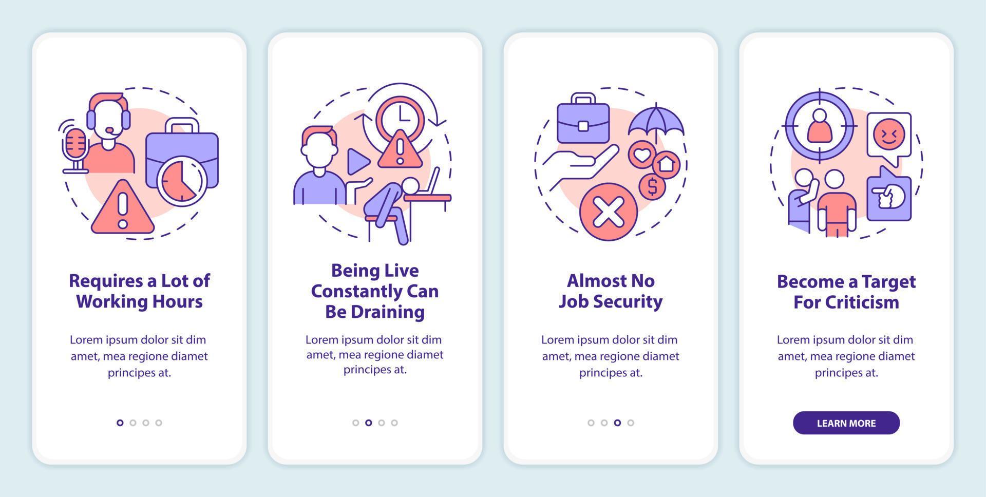 Live Streamer Drawbacks Onboarding Mobile App Screen Walkthrough 4 Steps Editable Graphic