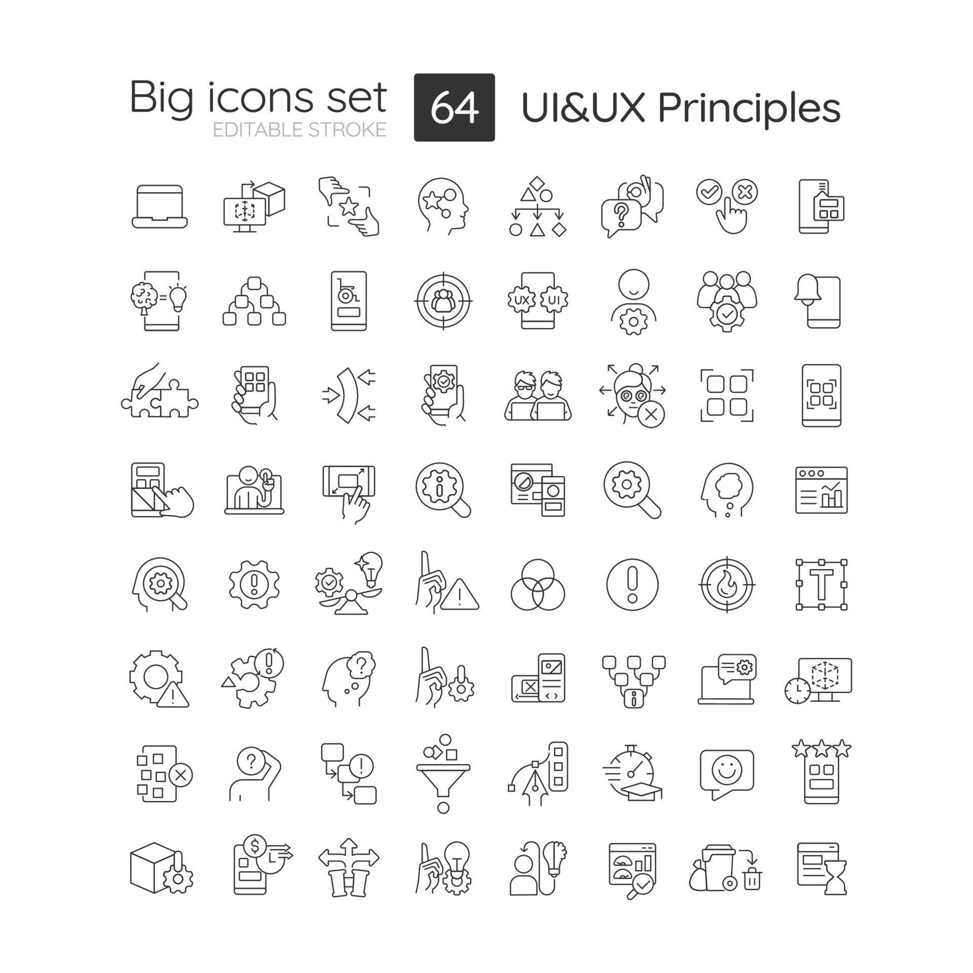 User experience and interface design principles linear big icons set. Web usability ...