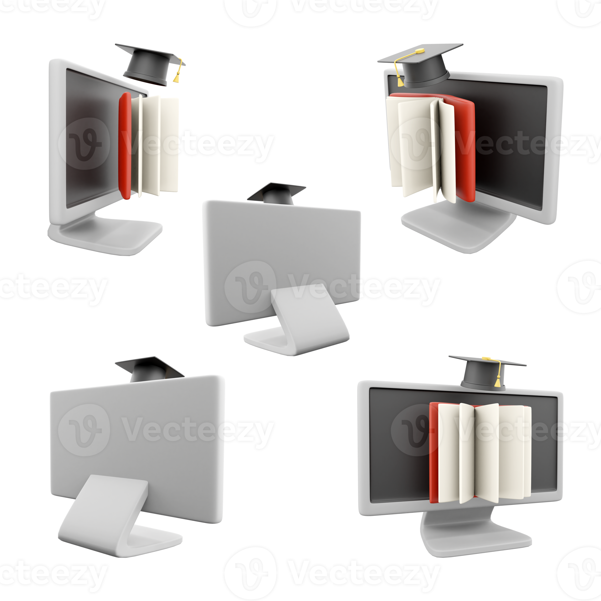 3d rendering computer monitor with graduation cap and diploma icon set ... 3d rendering computer monitor with graduation cap and diploma icon set ...