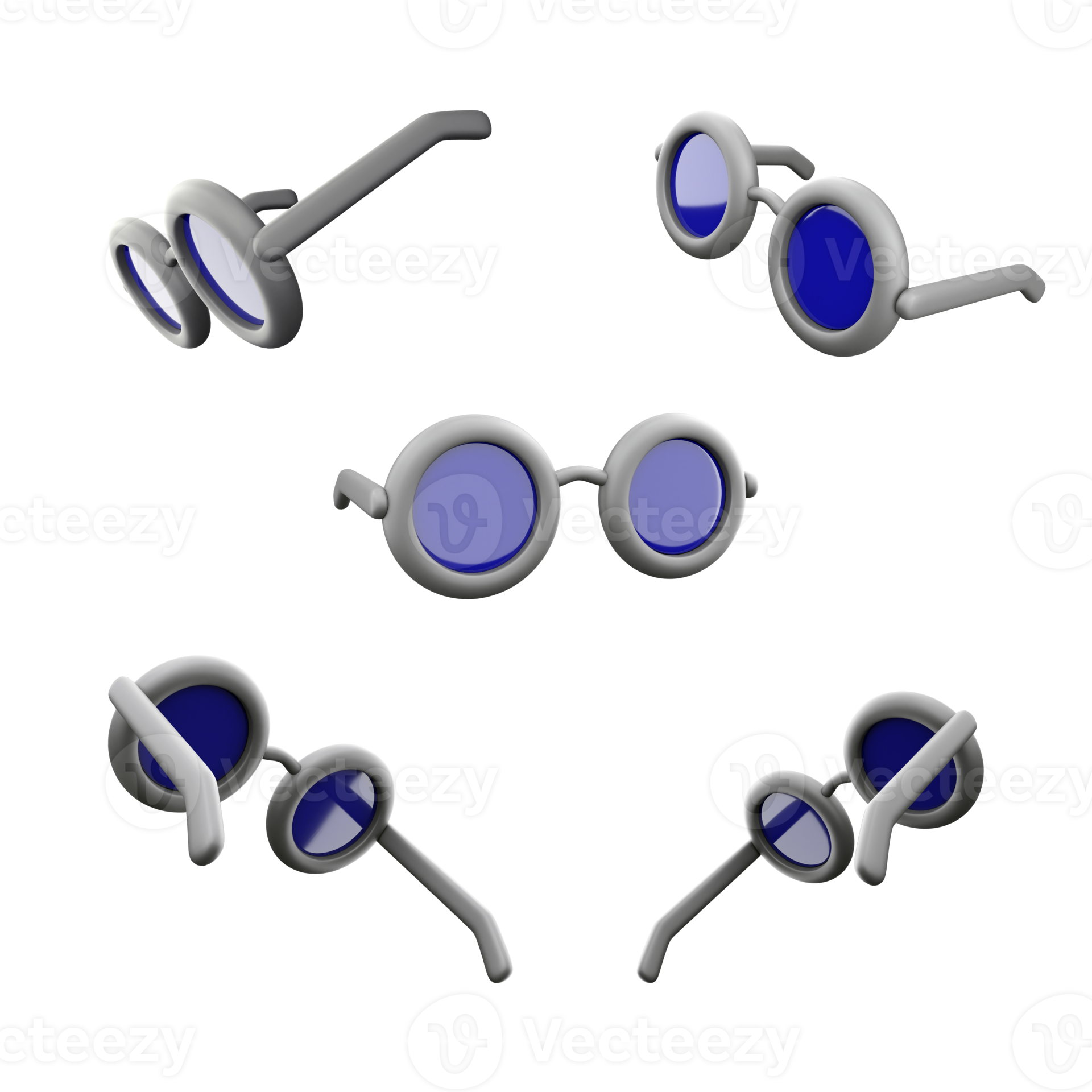 3d rendering glasses icon set. 3d render white glasses with blue lens different positions icon ...