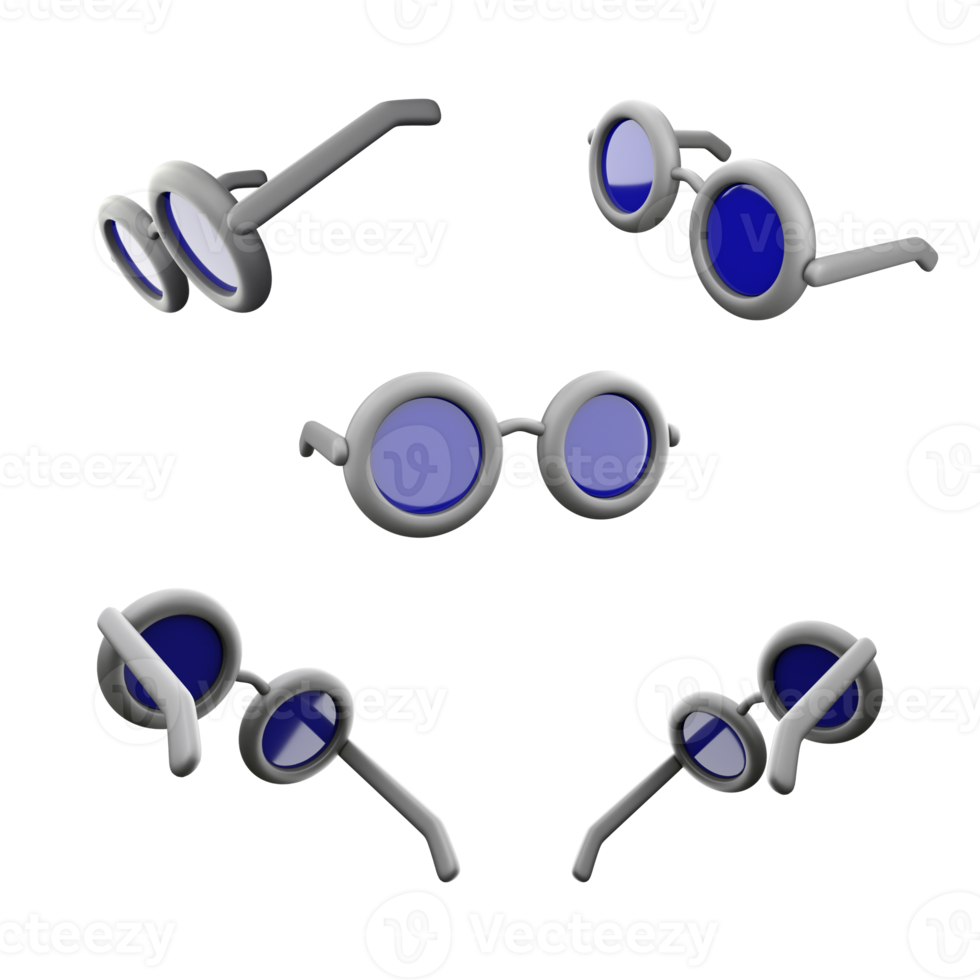 3d rendering glasses icon set. 3d render white glasses with blue lens different positions icon ...