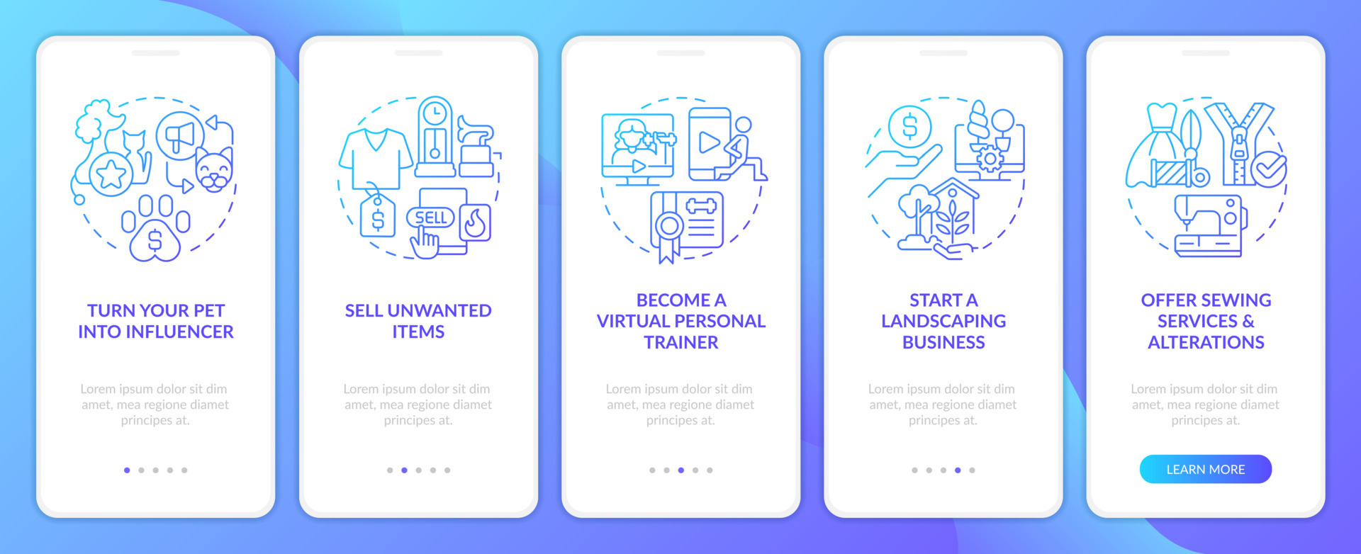 Female Business Ideas Blue Gradient Onboarding Mobile App Screen Walkthrough 5 Steps Editable