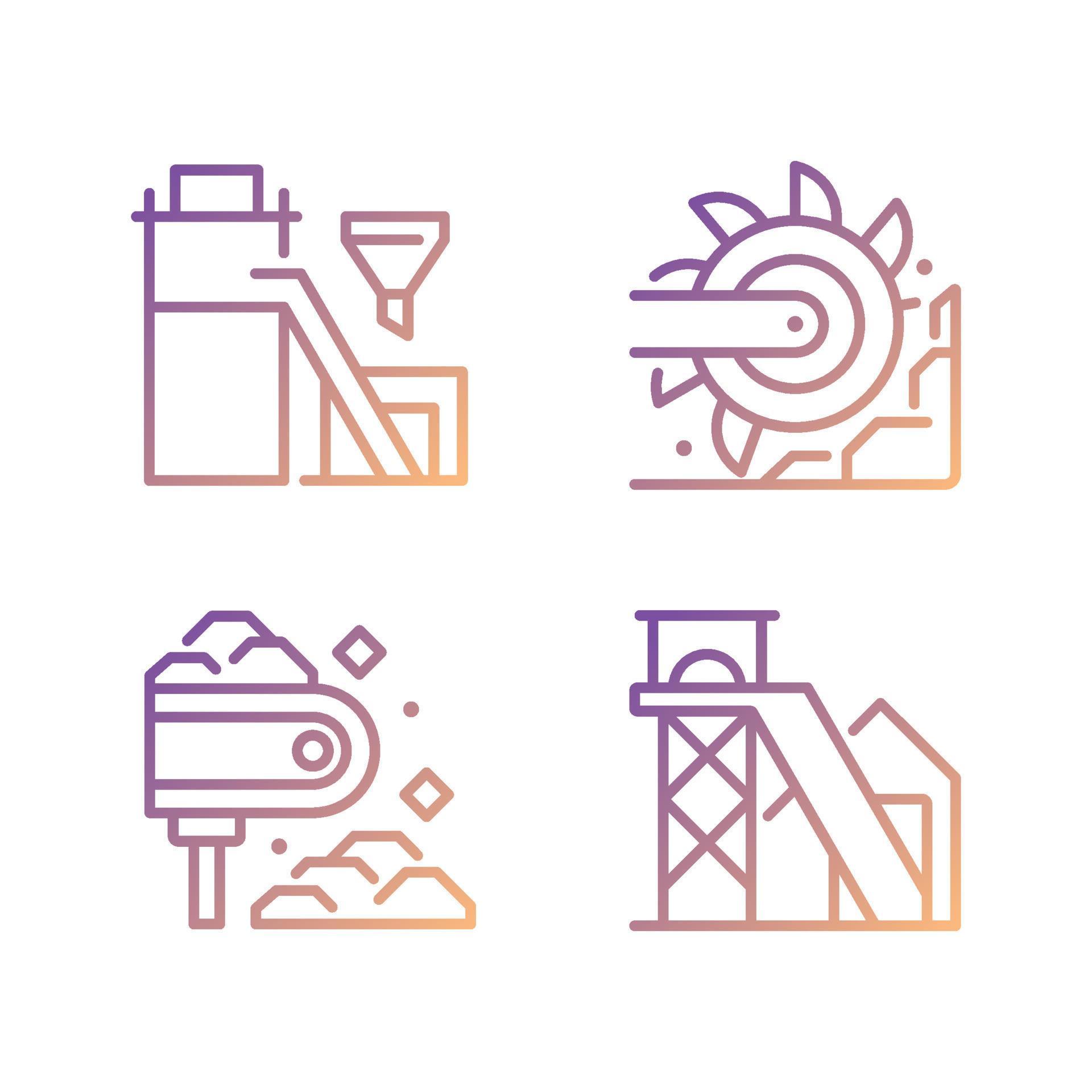 Coal mining process pixel perfect gradient linear vector icons set. Processing plant. Bucket ...