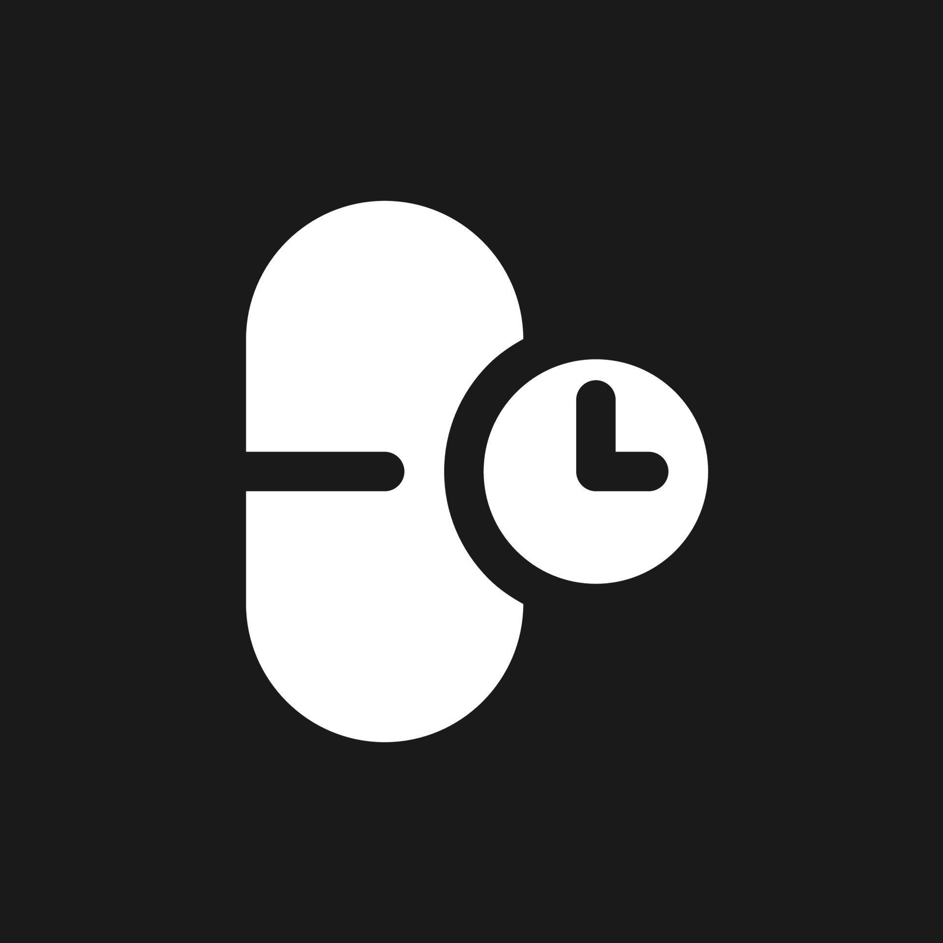 Taking medicine on time dark mode glyph ui icon. Capsule dosage. User interface design. White ...