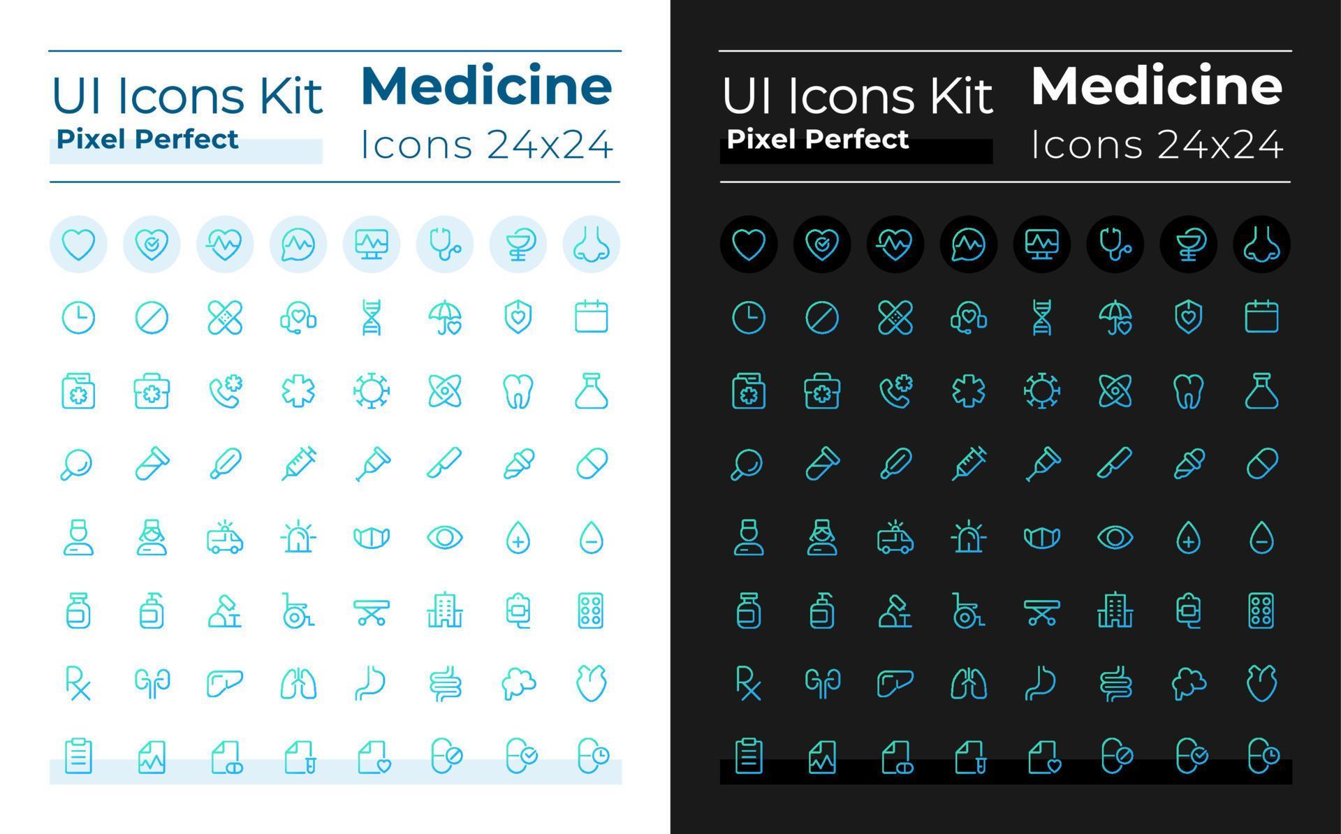 Medicine pixel perfect gradient linear ui icons set for dark, light mode. Medical treatment ...