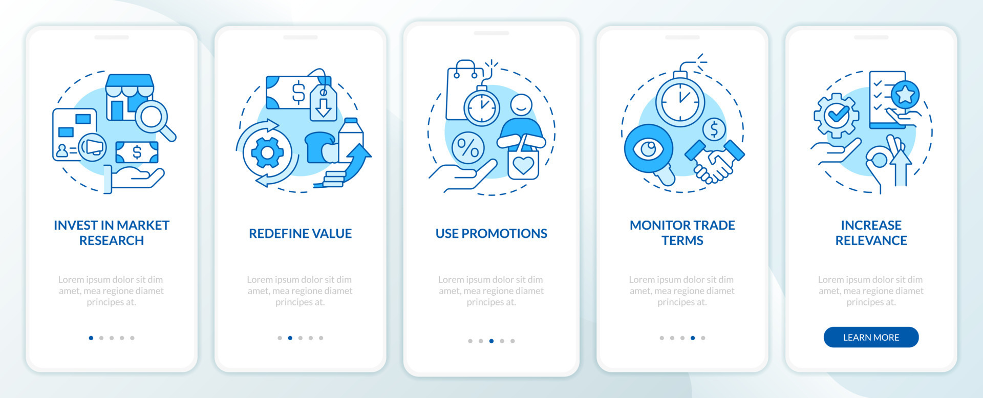 Managing Prices Blue Onboarding Mobile App Screen Inflation Walkthrough 5 Steps Editable