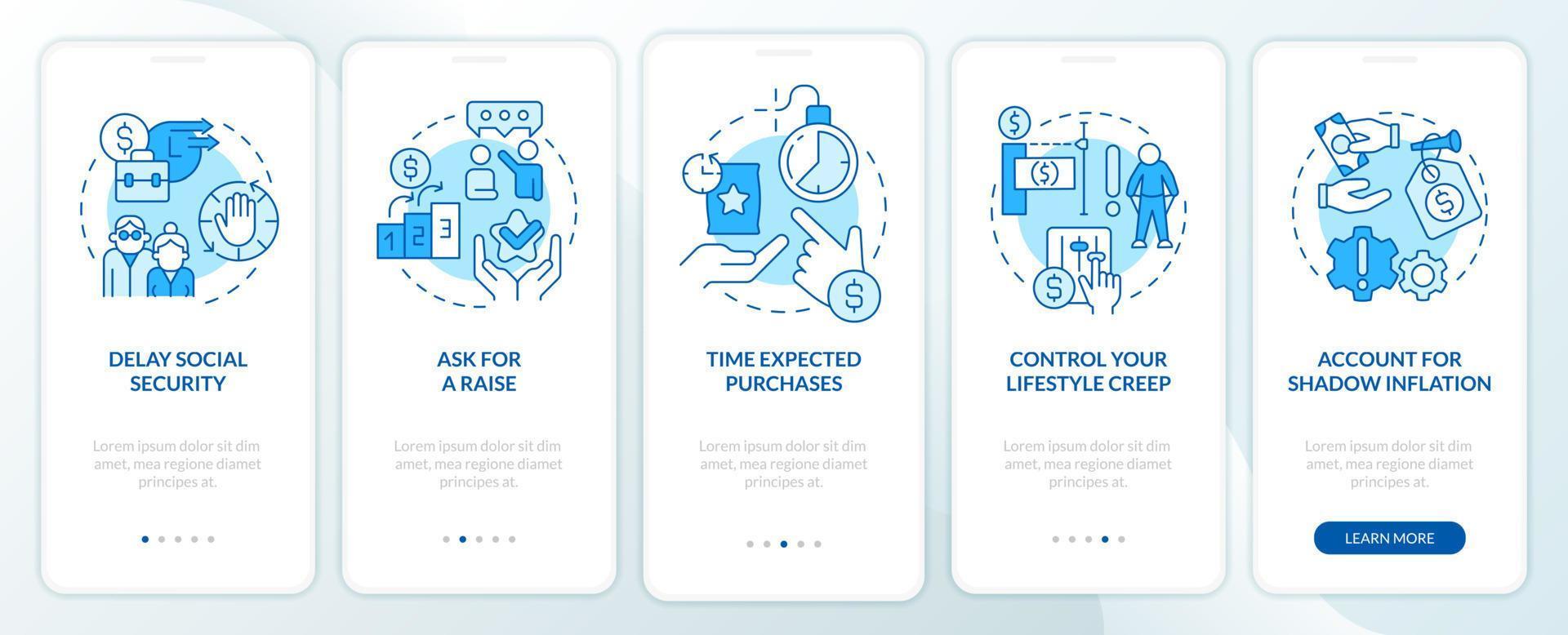 Consumers Deal With Inflation Blue Onboarding Mobile App Screen Walkthrough 5 Steps Editable