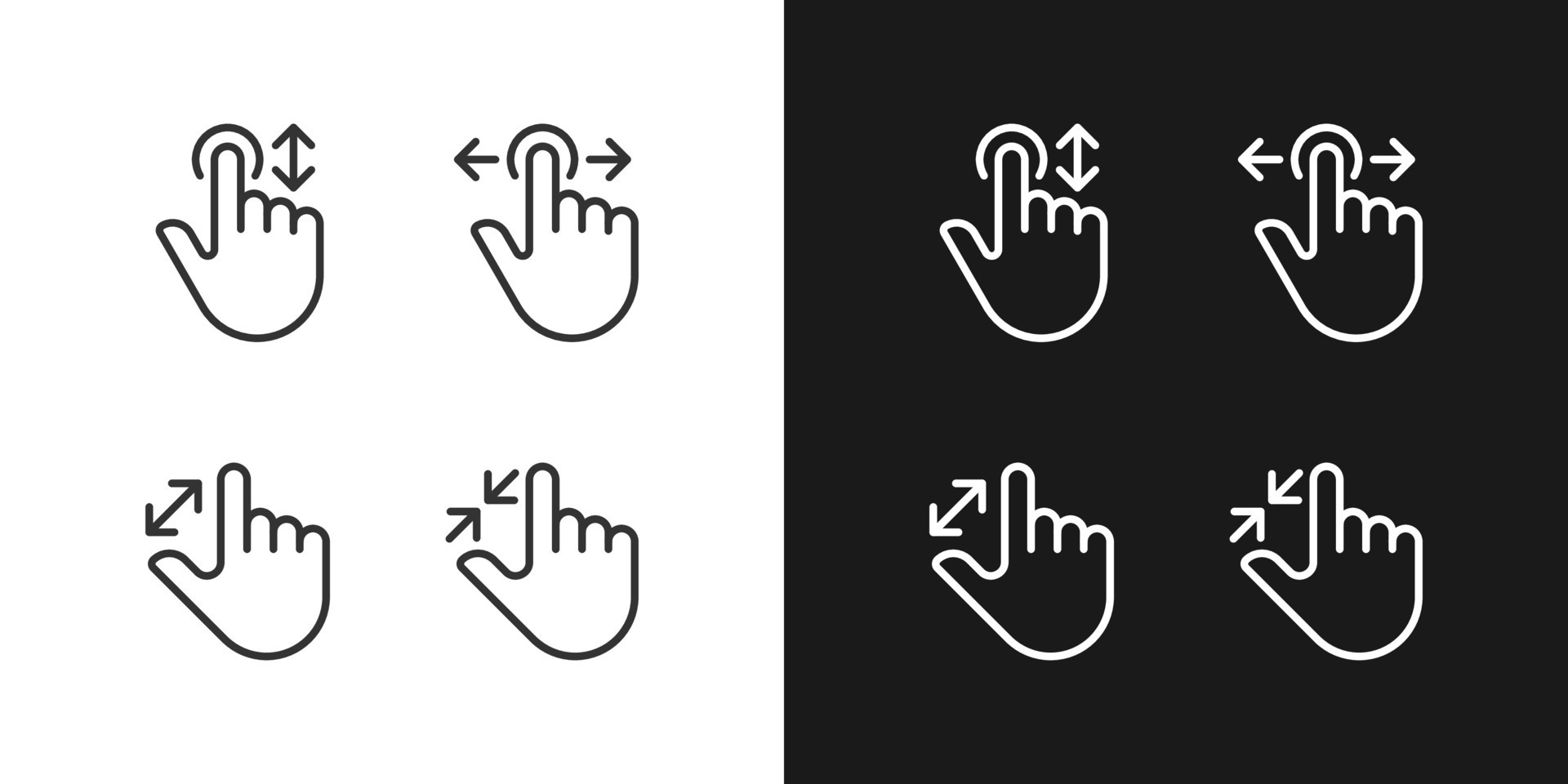 Scrolling and zooming gestures pixel perfect linear icons set for dark, light mode. Touchscreen ...