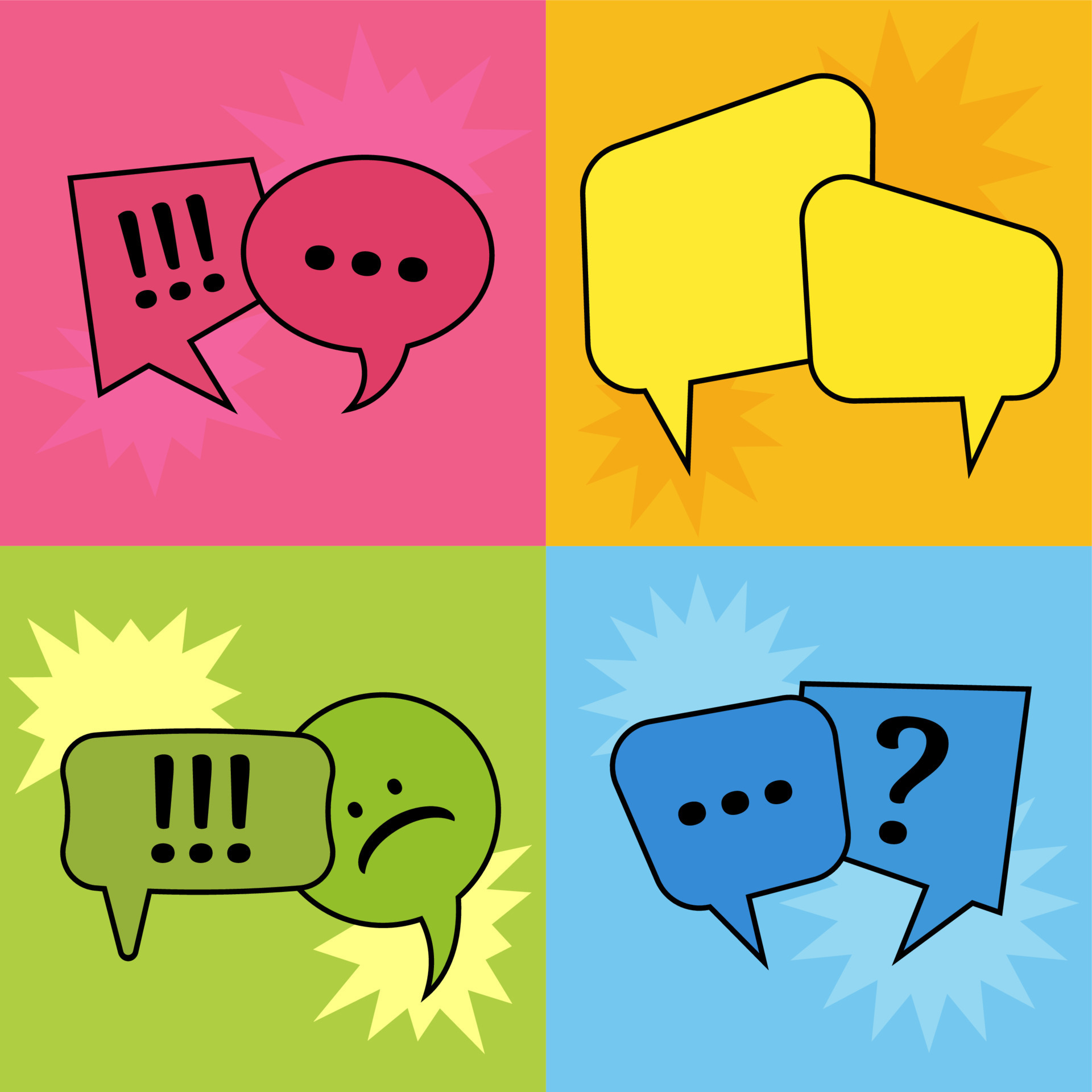 Set of four communication speech bubbles on colorful backgrounds ...