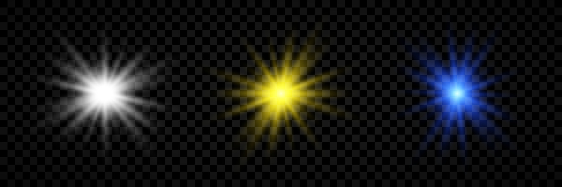 Light effect of lens flares. Set of three white, yellow and blue glowing lights starburst ...