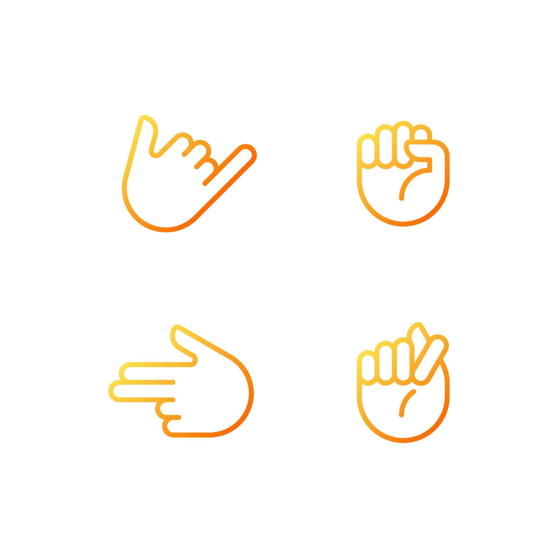 Friendly and aggressive gestures pixel perfect gradient linear vector icons set. Hand positions ...